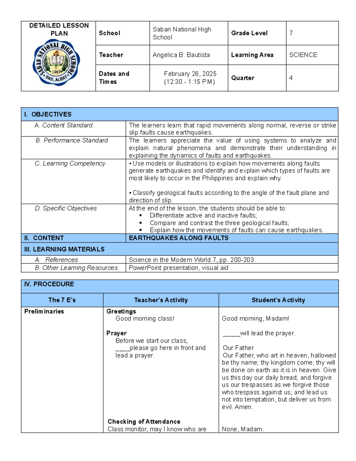 Lesson Plan on Earthquakes and Fault Types for Grade 7 - SCI 7 - Studocu