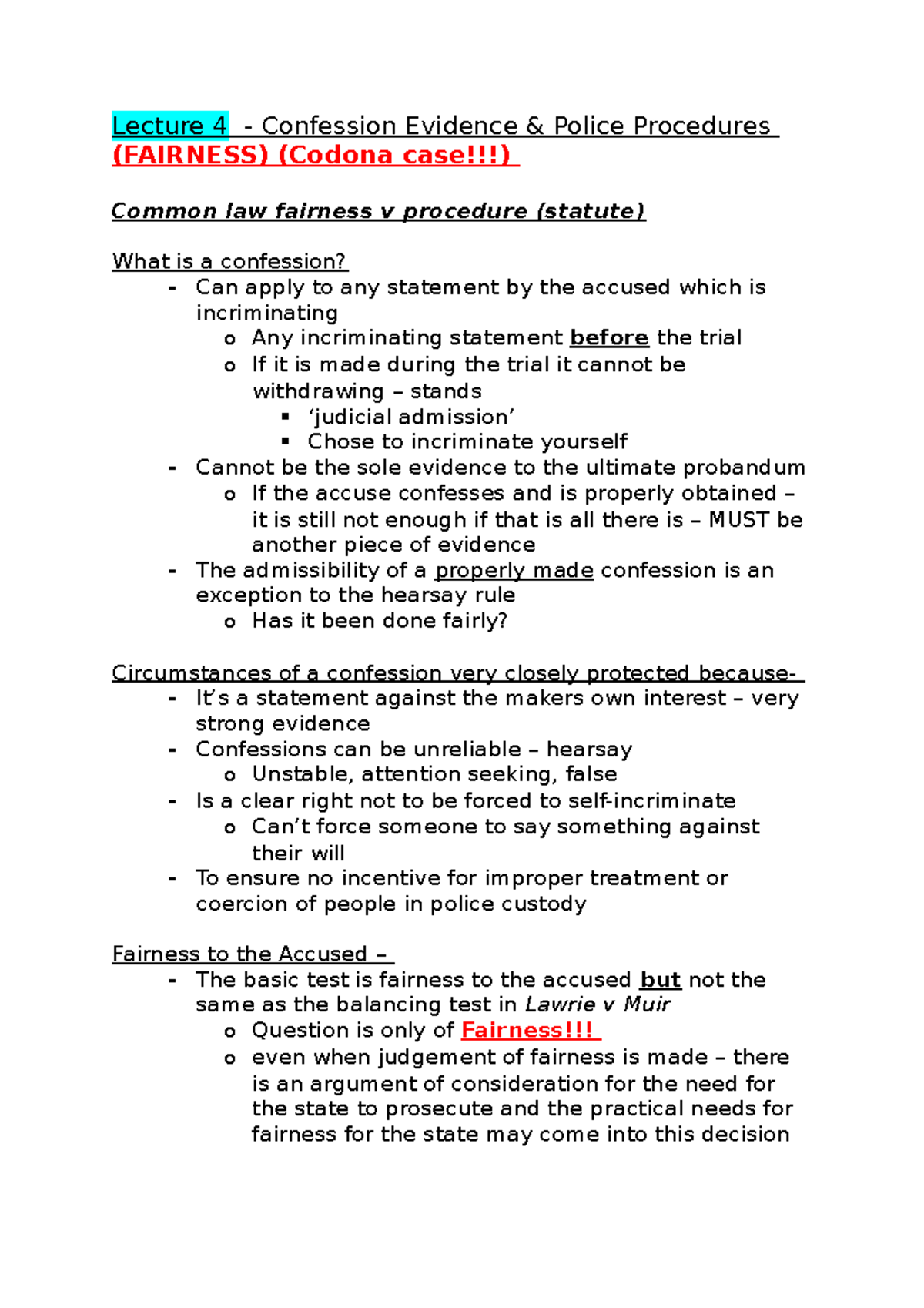 Lecture 4 - Confession Evidence & Procedural Fairness in Law - Studocu