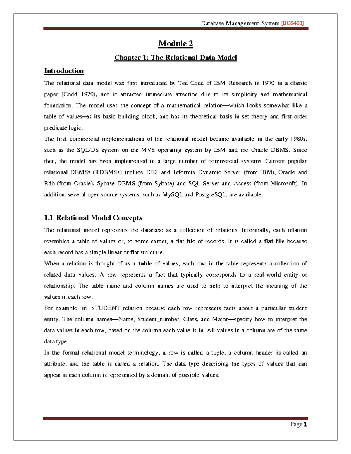BCS403 Module 2: Introduction to the Relational Data Model - Studocu