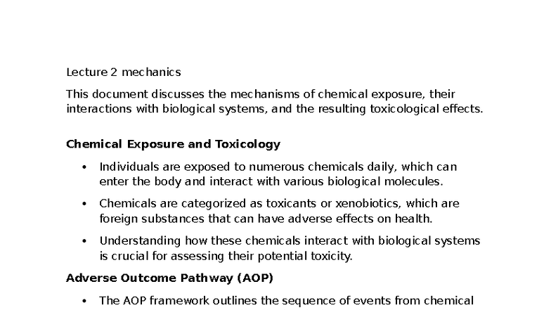 Lecture 2: General Toxicology Summary on Chemical Exposure - Studeersnel