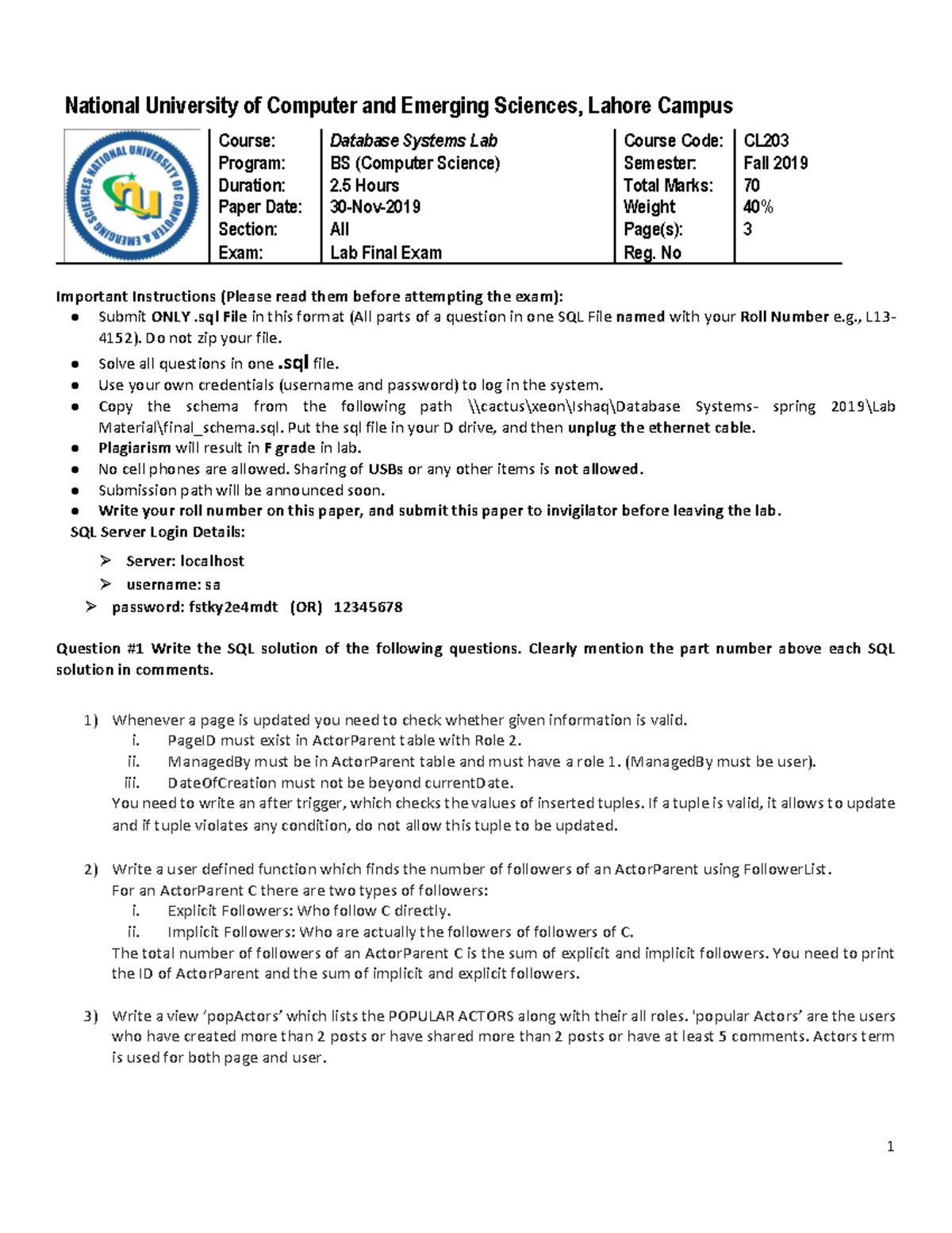 DB CL Lab Final Exam Paper - Fall 2019 (Total 70 Marks) - Studocu