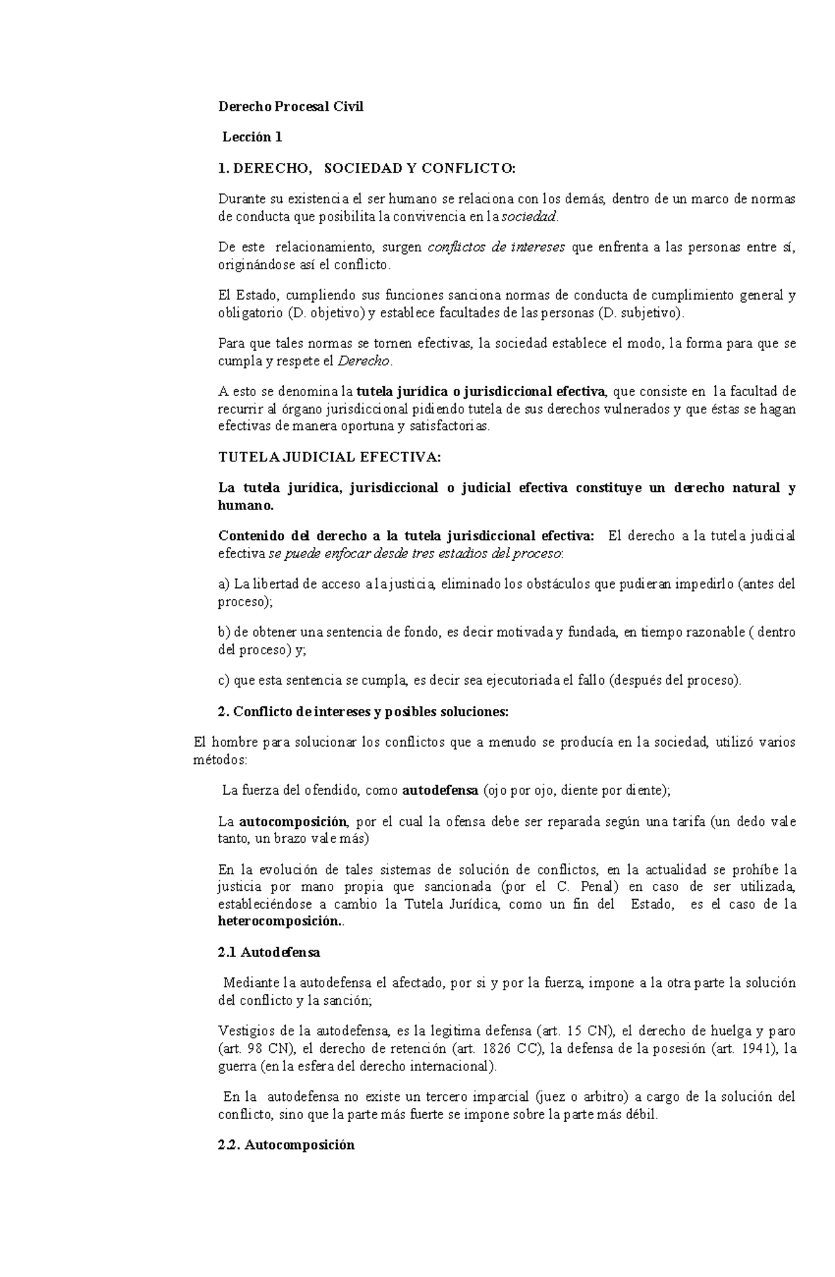 Derecho Procesal Civil - Lección 1: Conflictos y Soluciones - Studocu