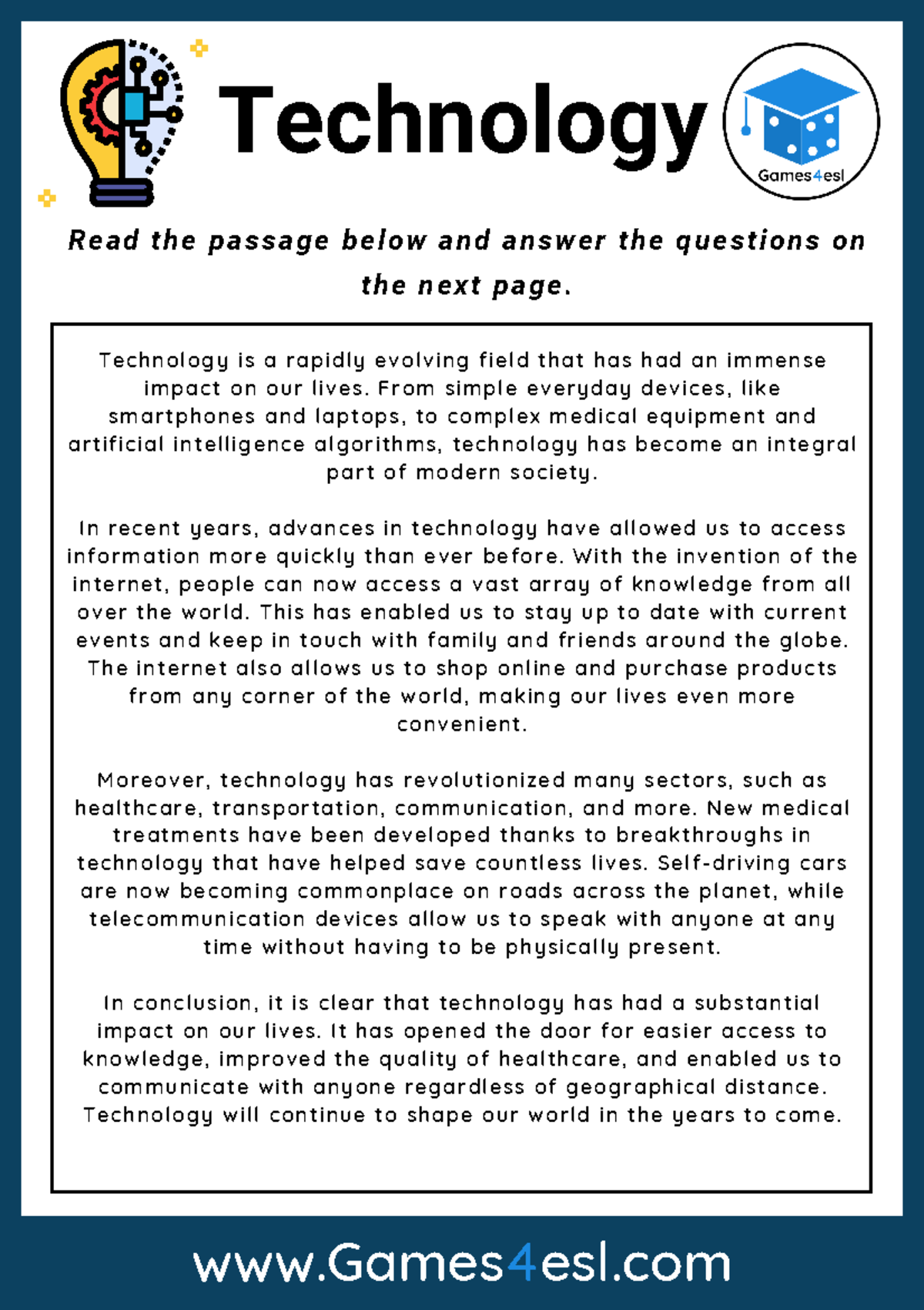 Reading Comprehension Worksheet Technology - T e c h n o l o g y i s a ...
