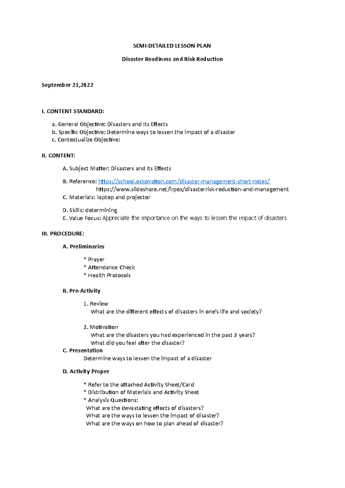 Semi-Detailed Lesson Plan on DRRR 2: Disaster Preparedness and Impact ...