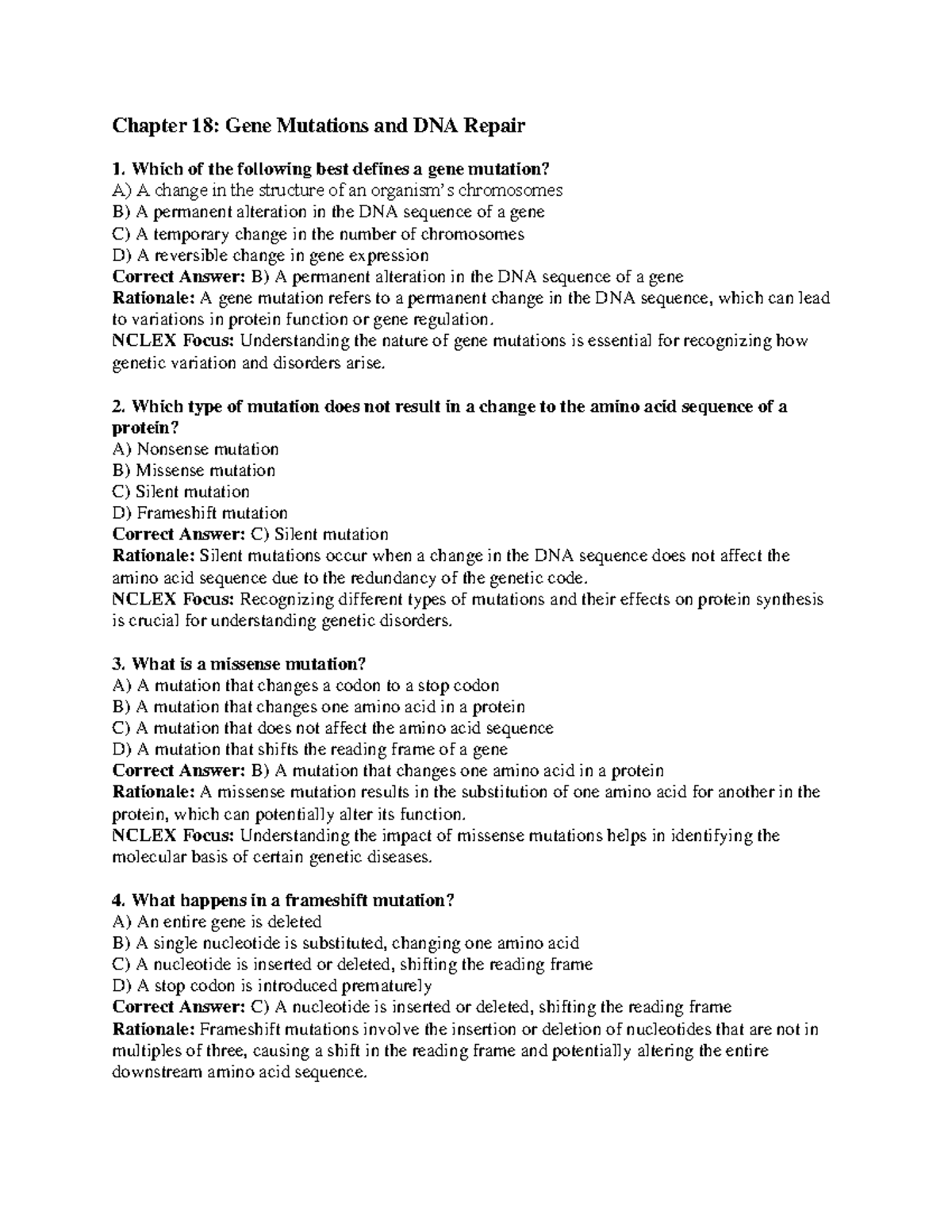 Chapter 18: Gene Mutations & DNA Repair - Key Concepts & NCLEX Focus ...