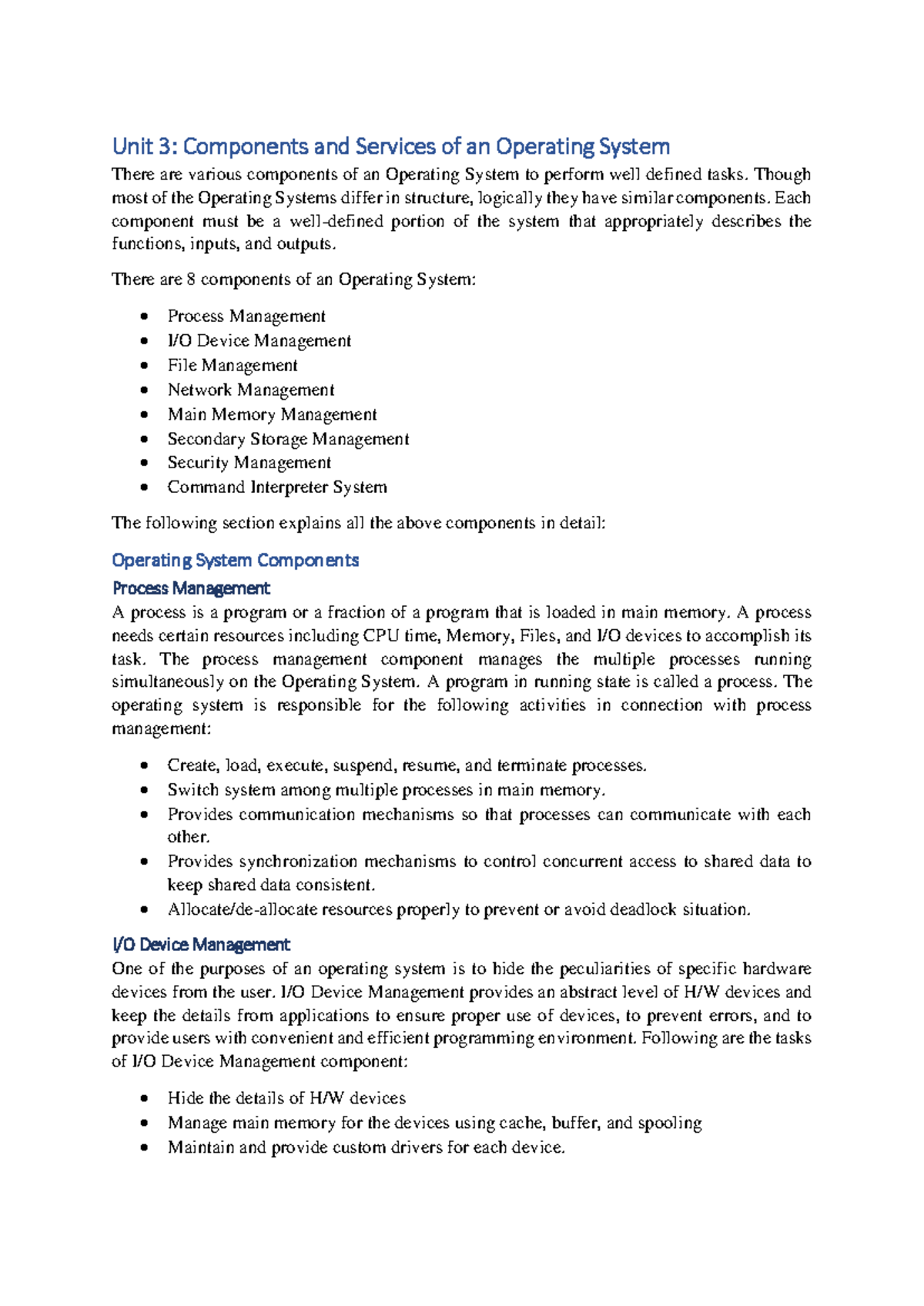 Unit 3 - Overview of Operating System Components & Services - Studocu