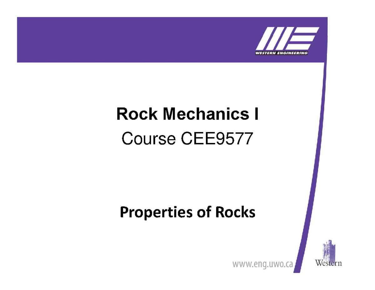 Rockproperties - Physical and mechanical properties of rocks - Rock Mechanics I Course CEE - Studocu