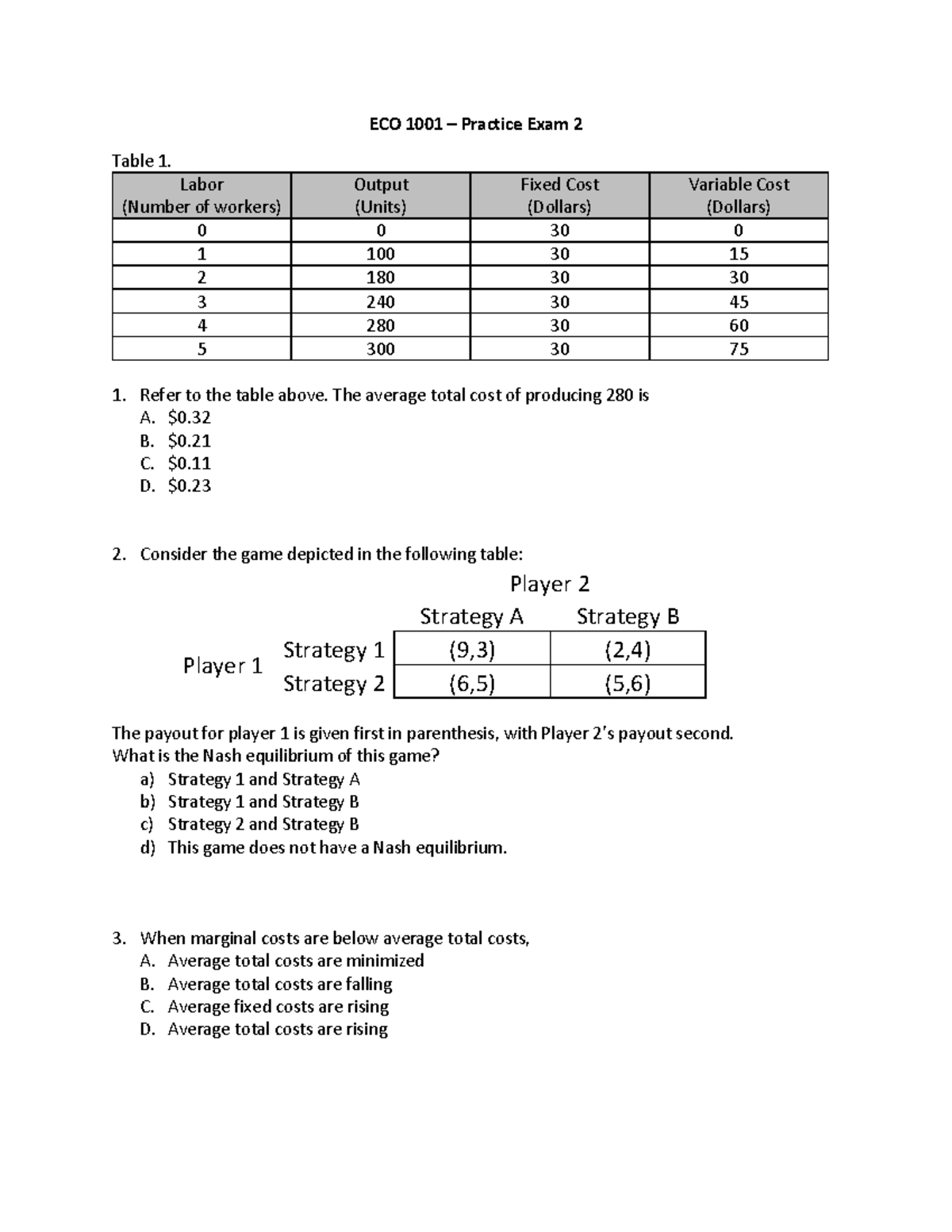 Practice Exam 2 ECO 1001 - ECO 1001 – Practice Exam 2 Table 1. Labor ...