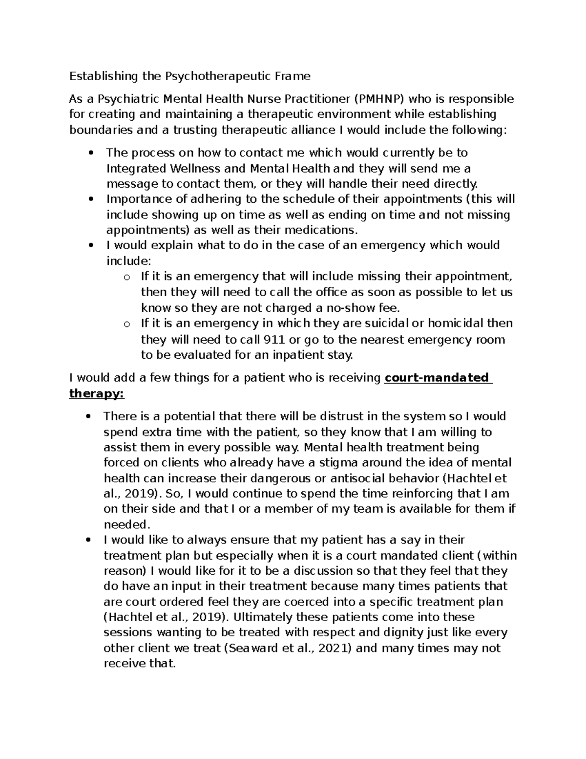 Establishing the Therapeutic Frame: PMHNP Week 2 Discussion - Studocu