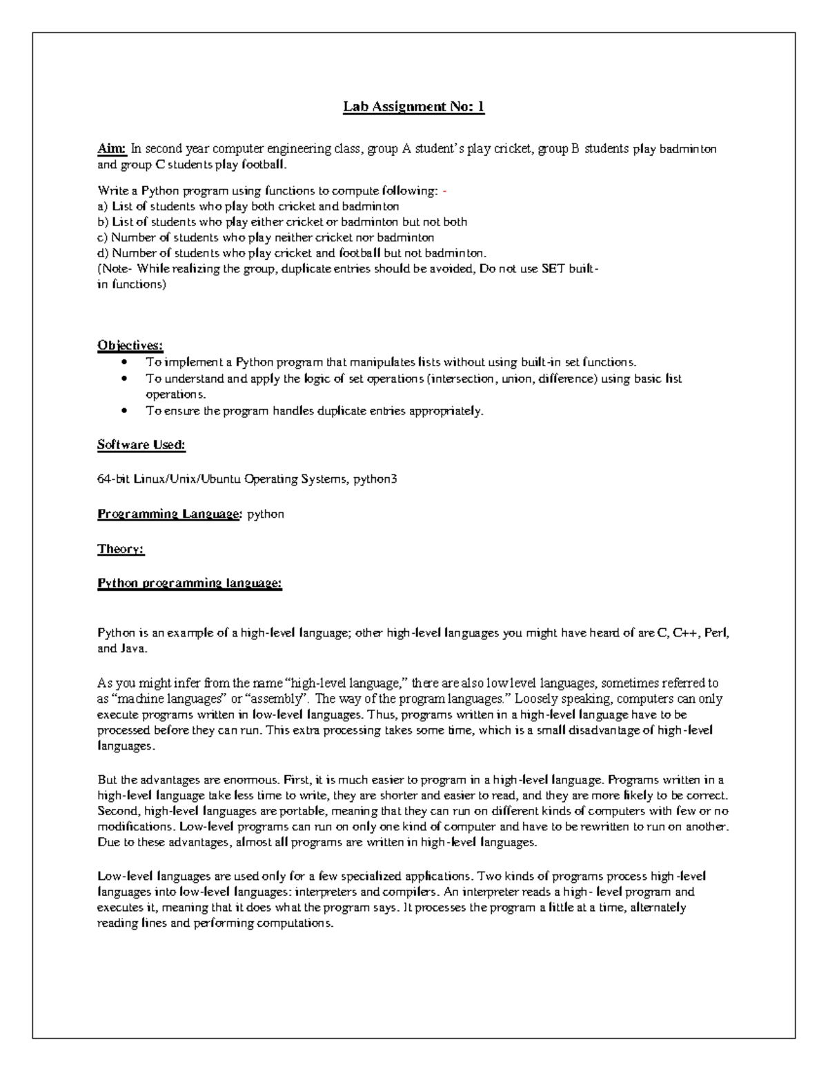 Assignment No. 2 - None - Lab Assignment No: 1 Aim: In second year computer engineering class ...