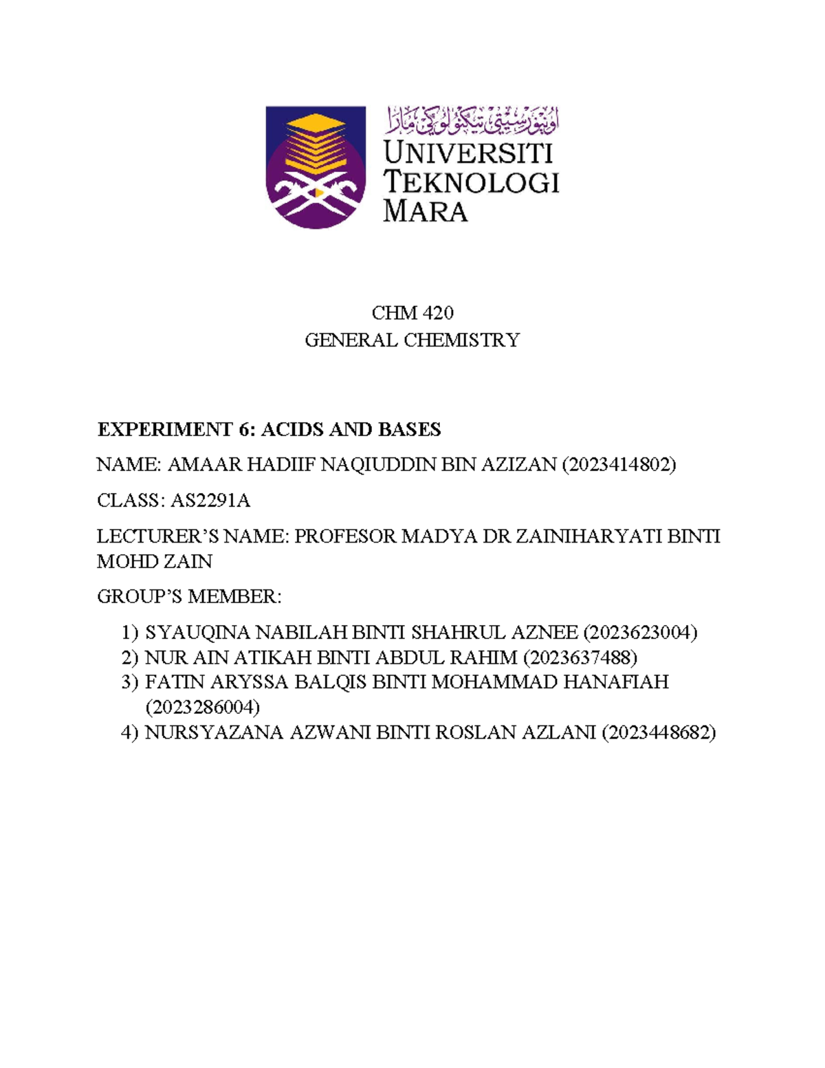 CHM 420 Experiment 6 Lab Report: Acids and Bases Analysis - Studocu