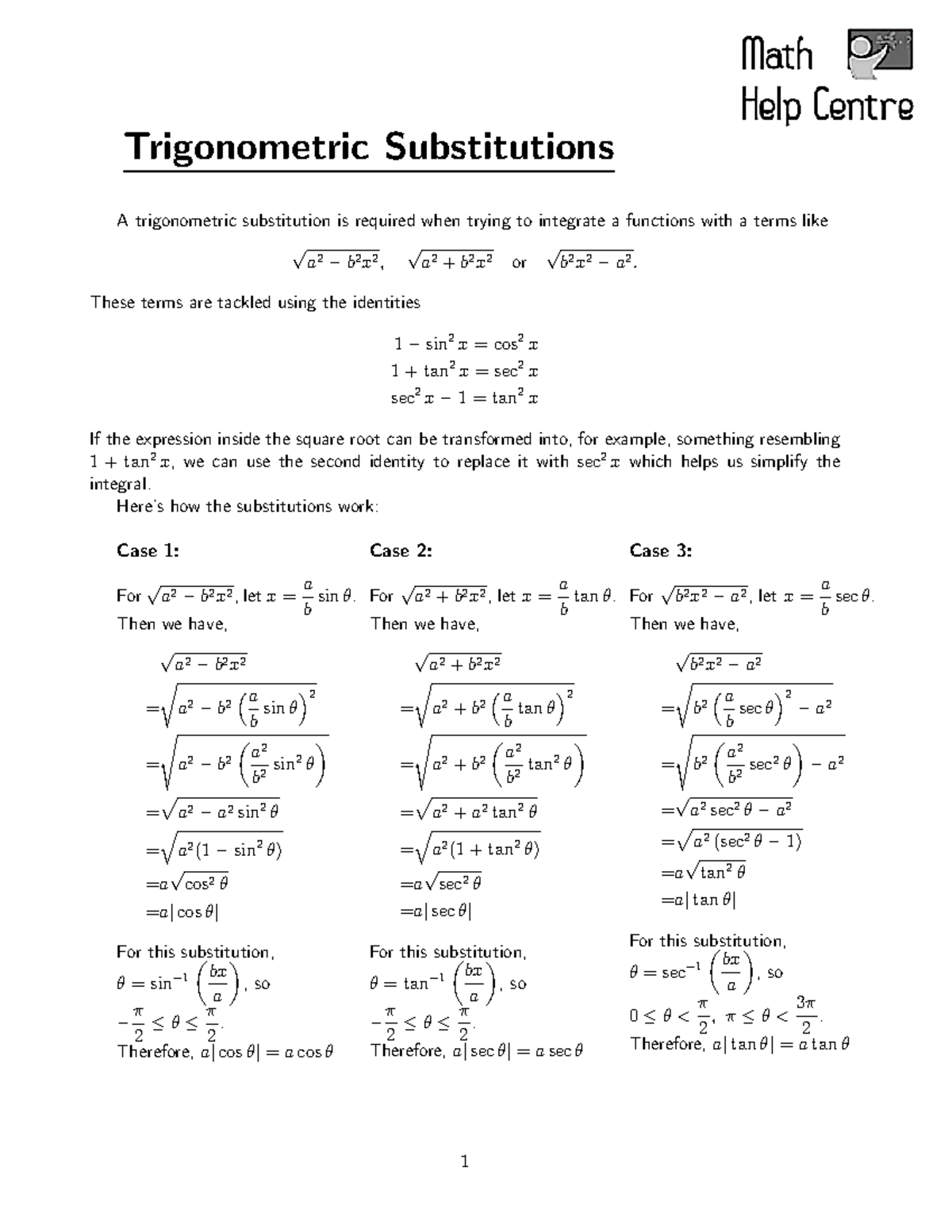 Trigonometric Substitutions for Integral Calculus (MATH 201) - Studocu