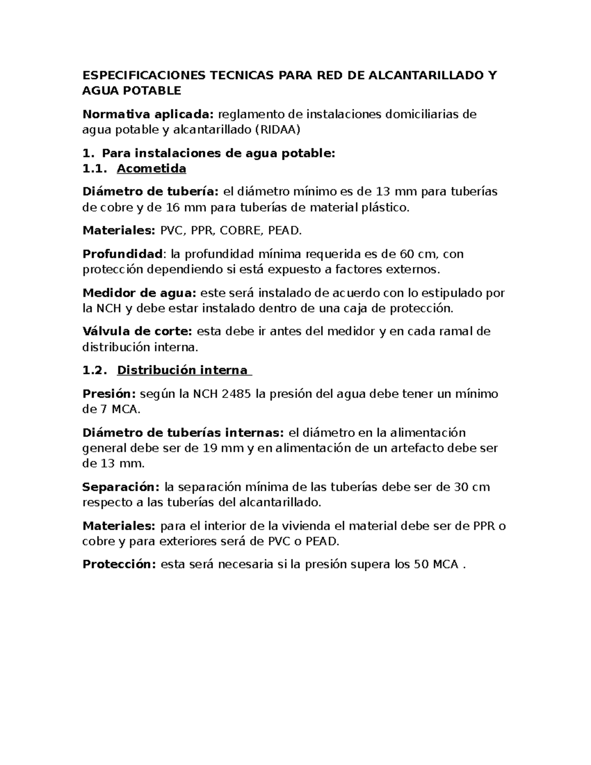 Especificaciones Tecnicas PARA RED DE Alcantarillado Y AGUA Potable - ESPECIFICACIONES TECNICAS ...