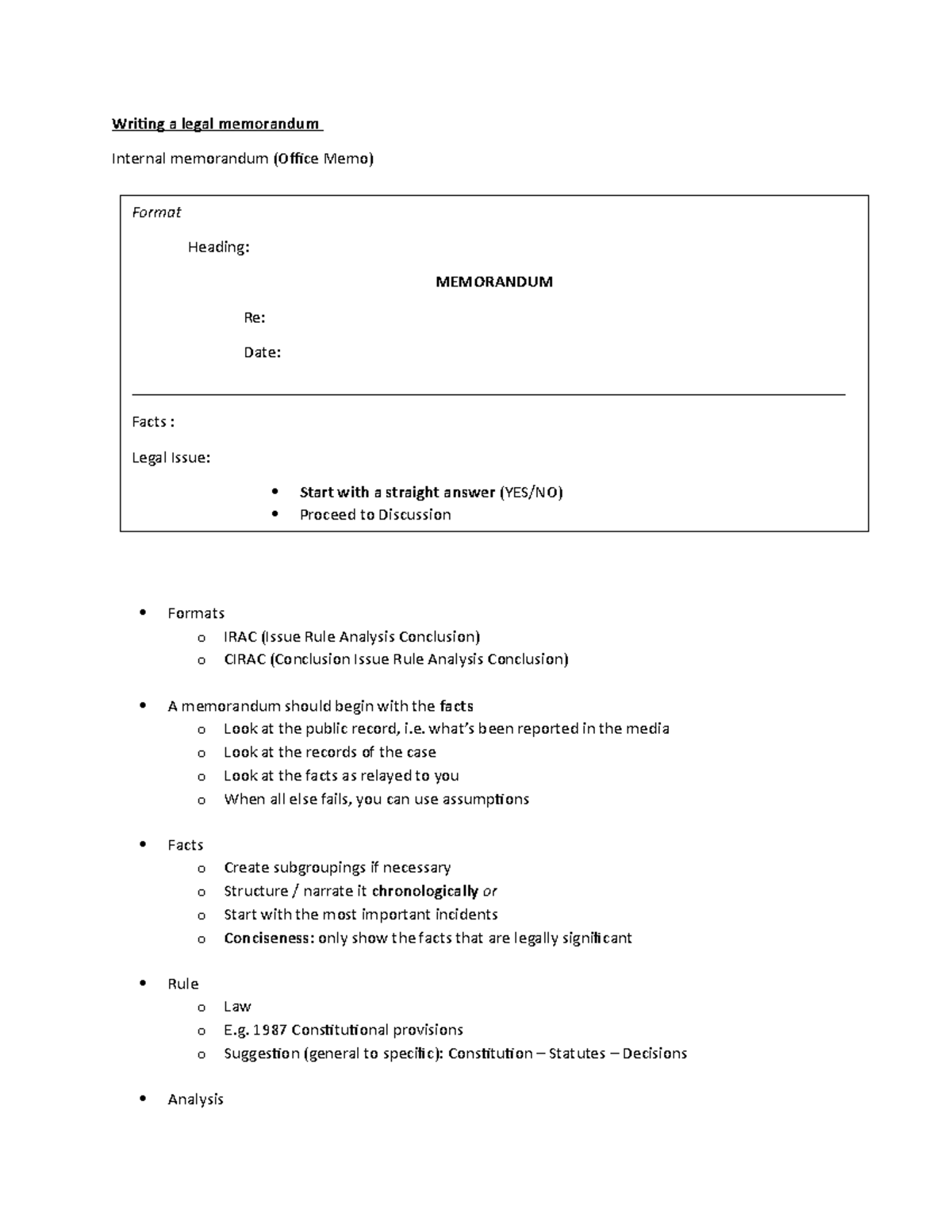 Legal Memorandum Writing Guide - IRAC & CIRAC Formats - Studocu