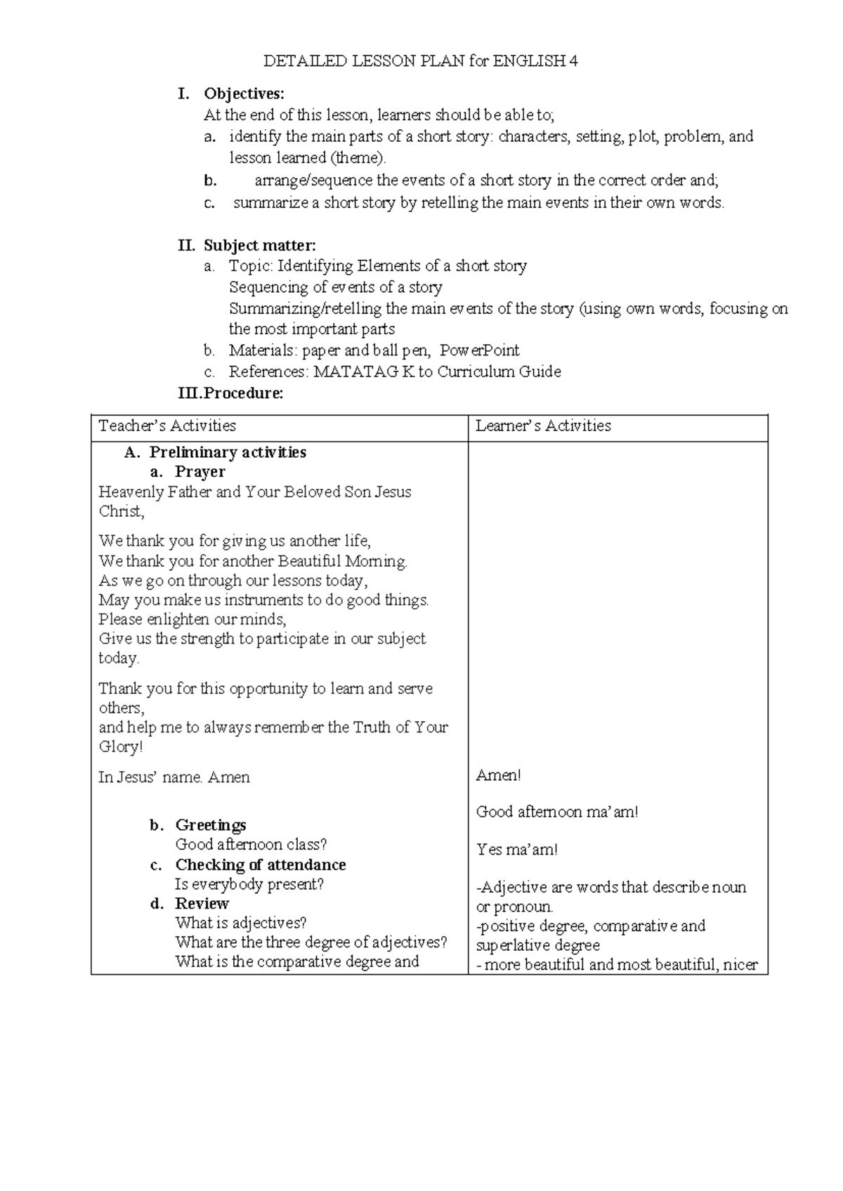 Detailed Lesson Plan: Elements of a Short Story for English 4 - Studocu