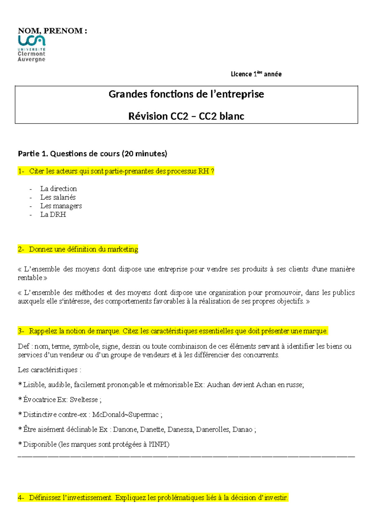 Révision CC2 Corrigée - Licence 1ère année: Marketing et RH - Studocu