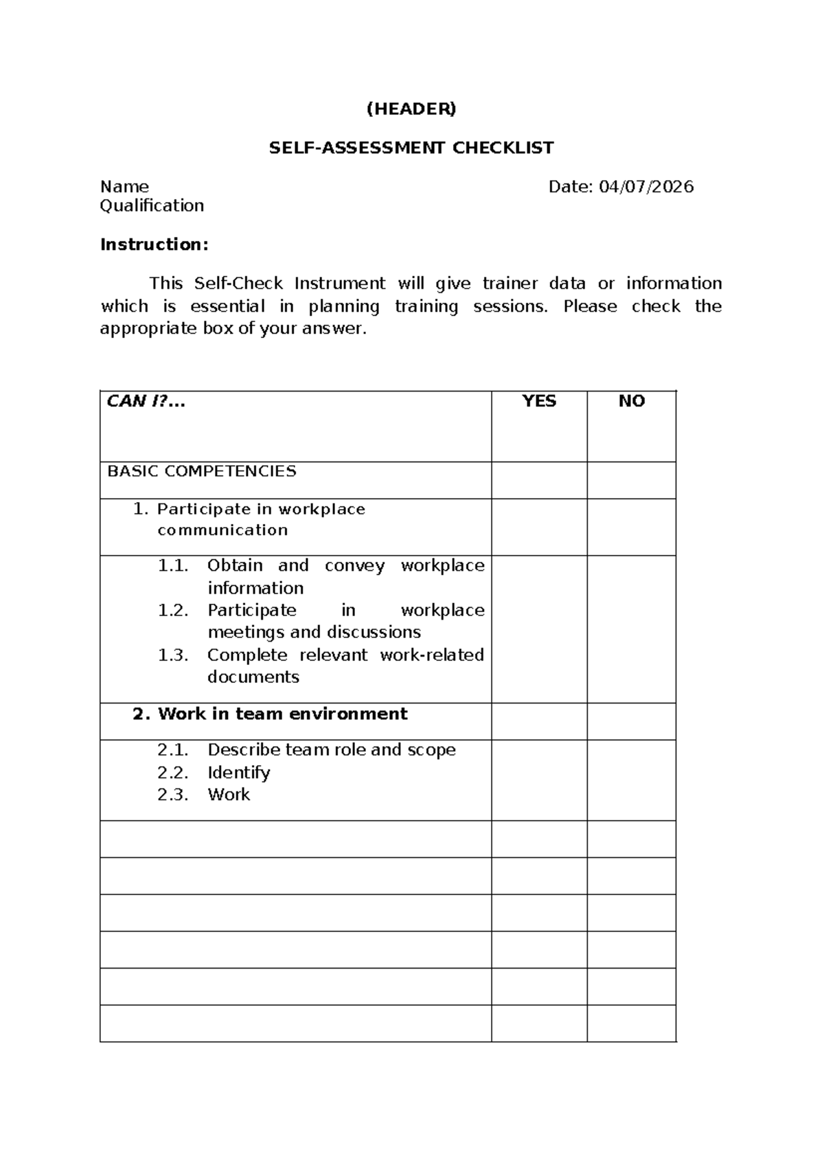 Training Needs Analysis Checklist - Template - Studocu