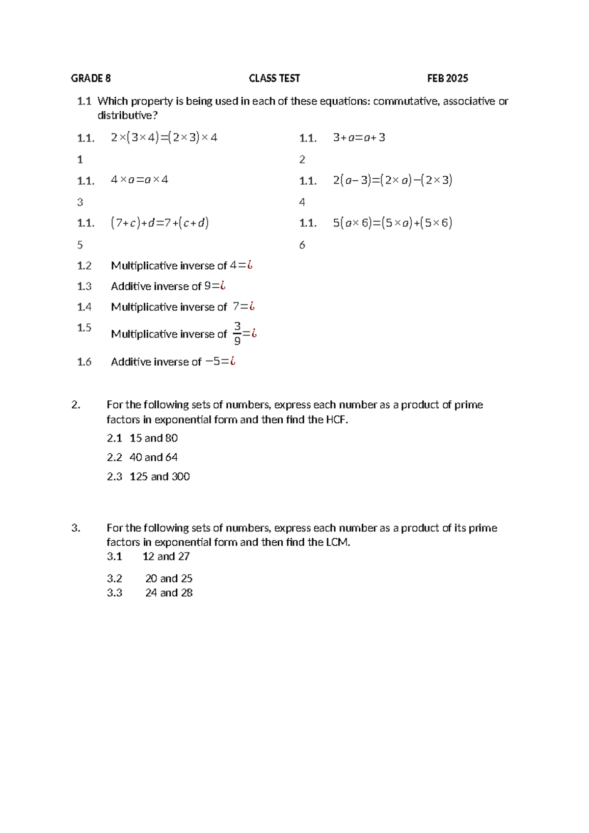 GRADE 8 TEST T01: Properties of Numbers & Prime Factorization - Studocu