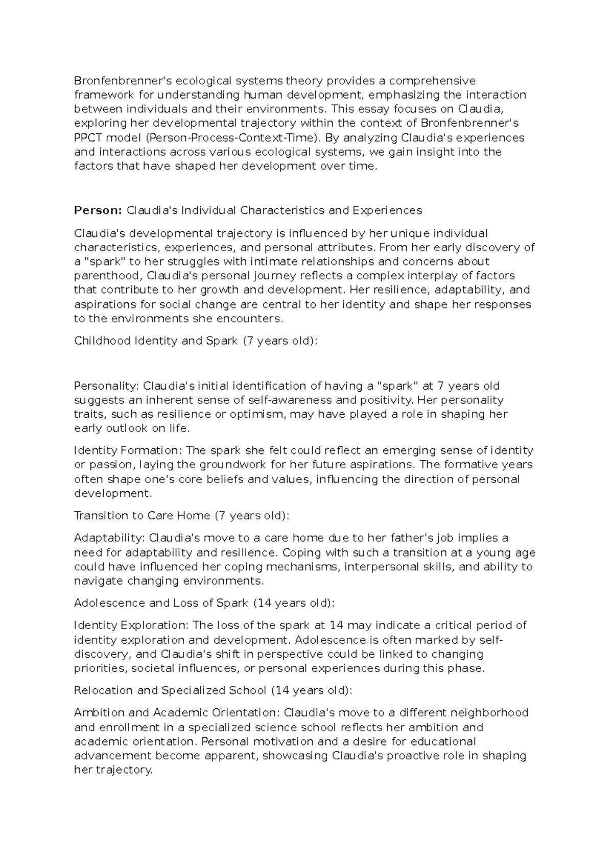 2651677 Psych 2020A B1 Essay 1: Analyzing Claudia's Developmental ...