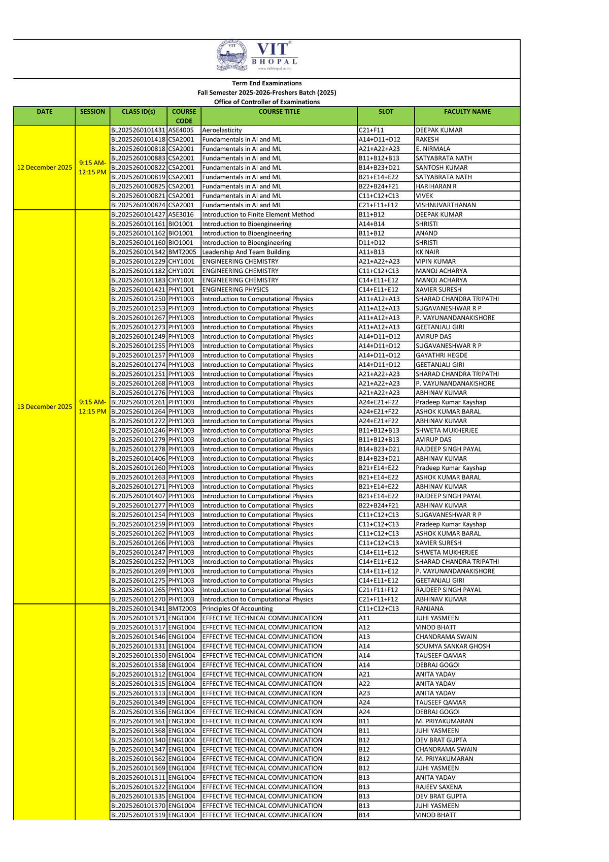 Term End Examinations Fall Semester 2025-26 Freshers Batch - Studocu