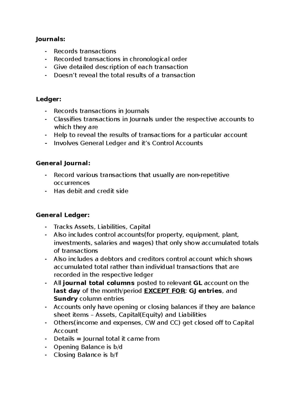 Short notes for journals: Understanding transactions and ledgers - Studocu