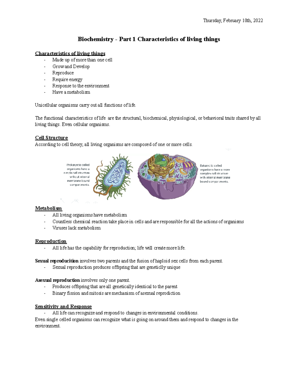 Biochemistry - Part 1 Characteristics of living things (Notes ...