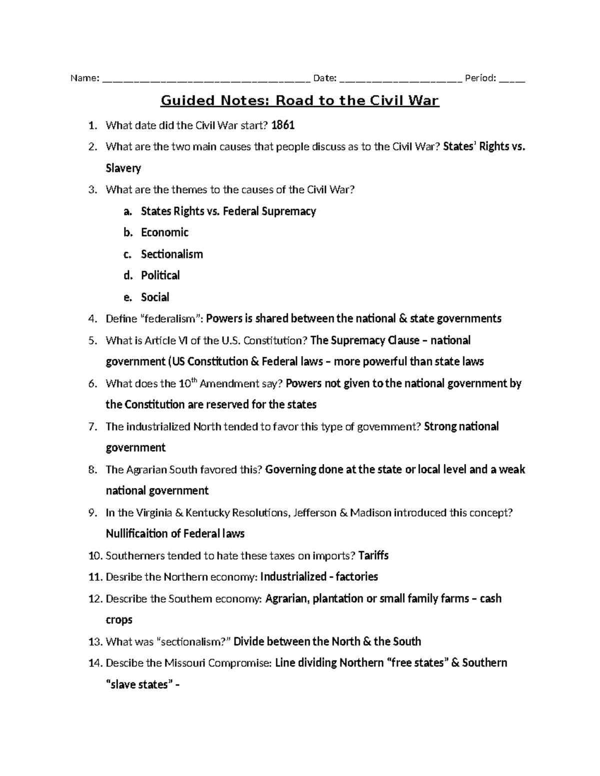 Guided Notes Answer Key: Road to the Civil War (HIST 101) - Studocu
