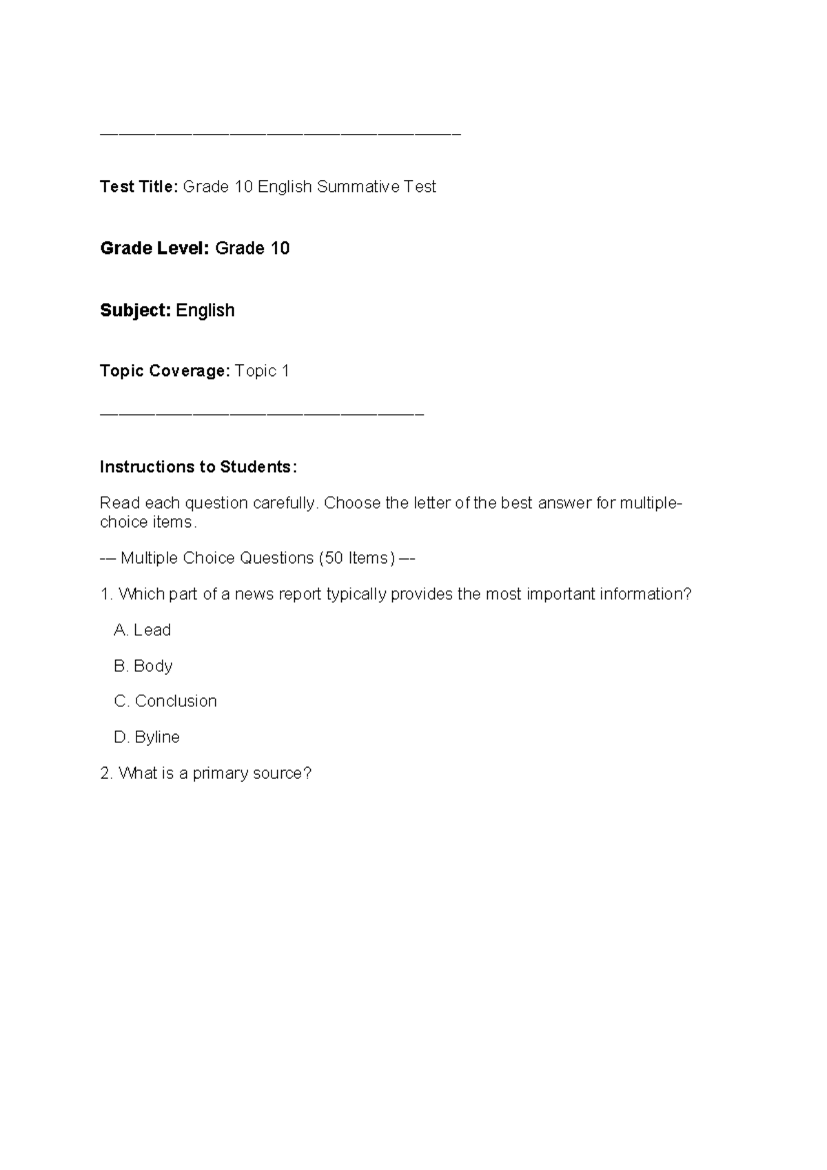 Summative test English Grade 10 ...