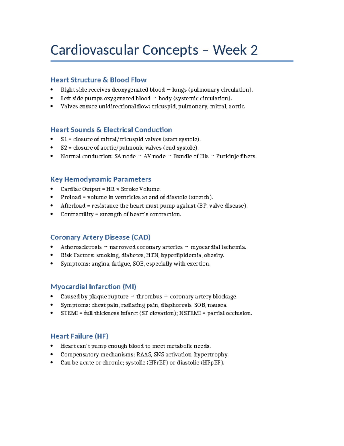 Cardiovascular Concepts Cheat Sheet Wk 2: Heart Structure & Function ...