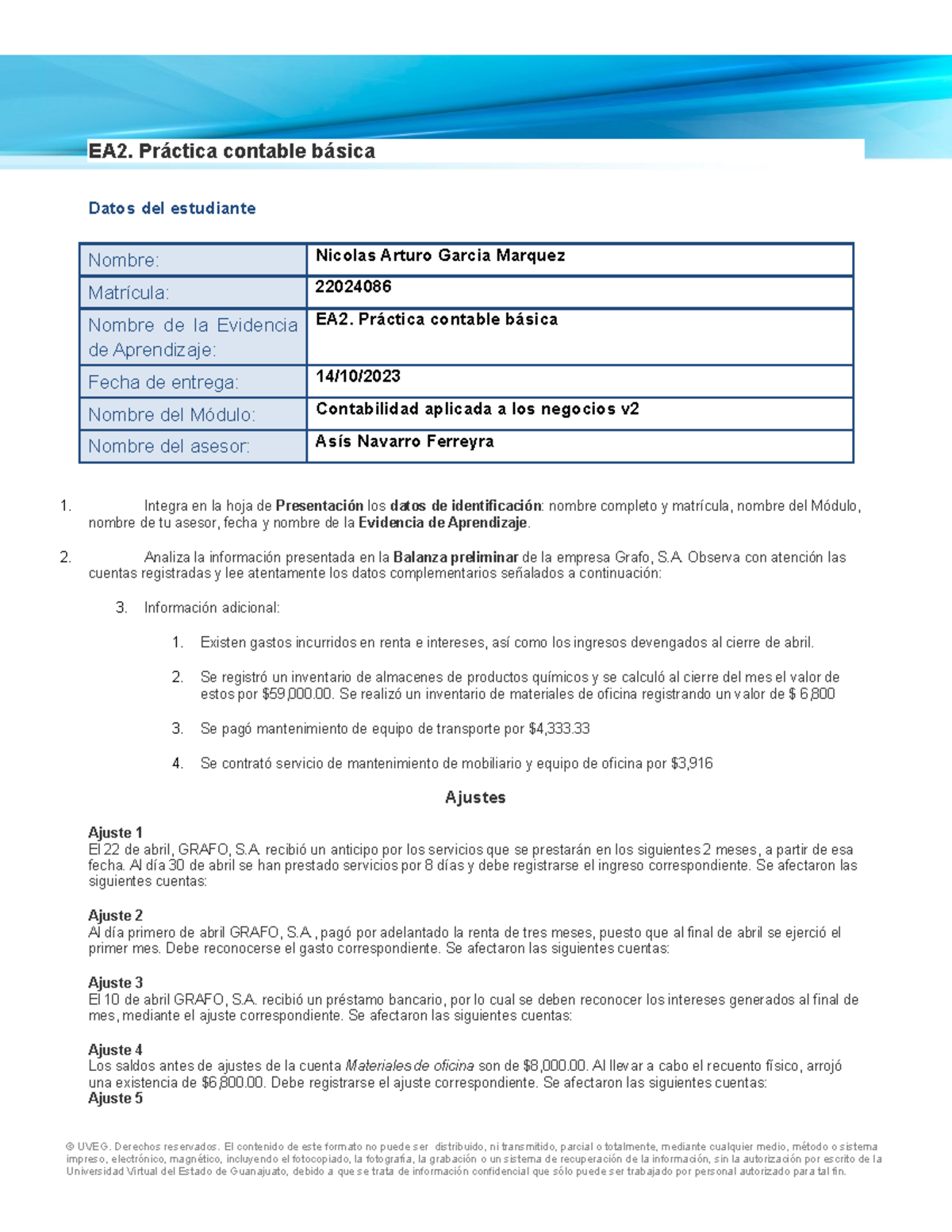 EA2. Práctica Contable Básica: Ajustes y Balanza de Comprobación - Studocu