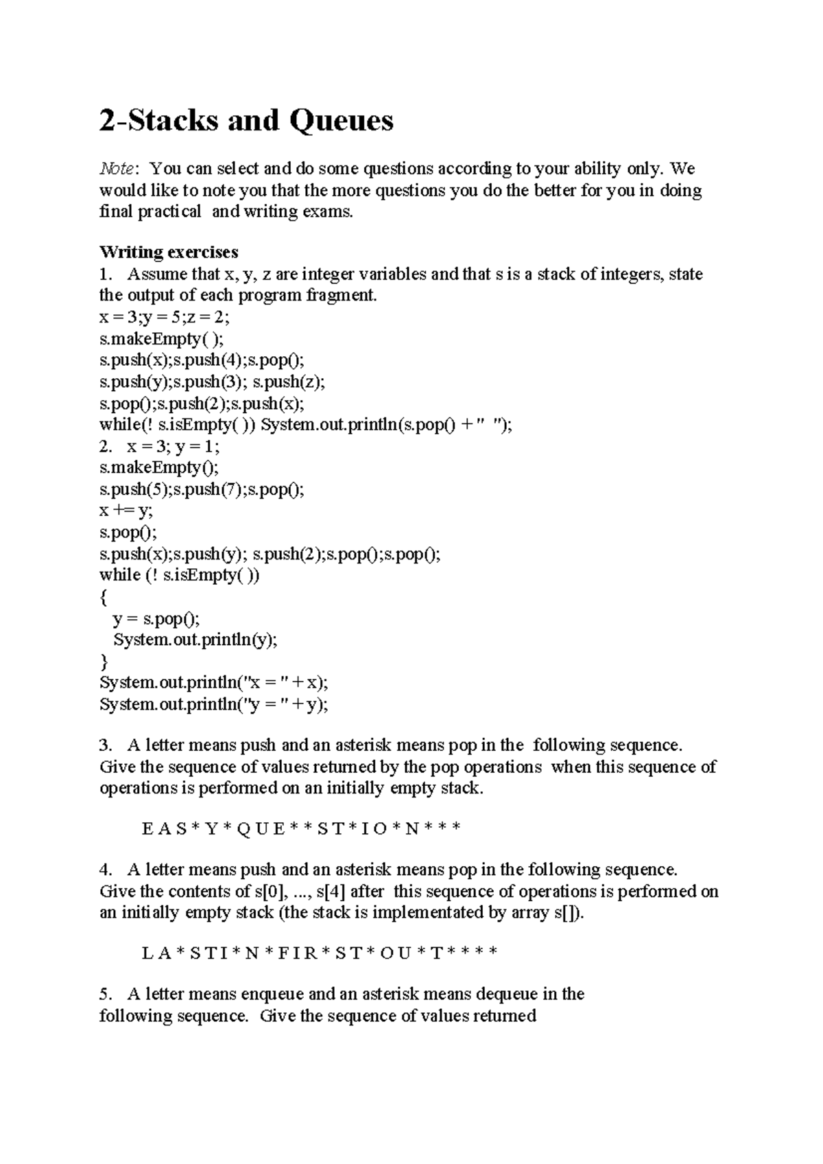 Exercises 2: Stacks & Queues - Java Implementation Guide - Studocu