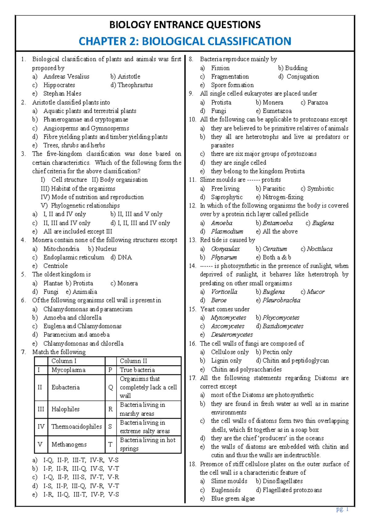 BIOLOGY ENTRANCE QUESTIONS CH 2: BIOLOGICAL CLASSIFICATION - Studocu
