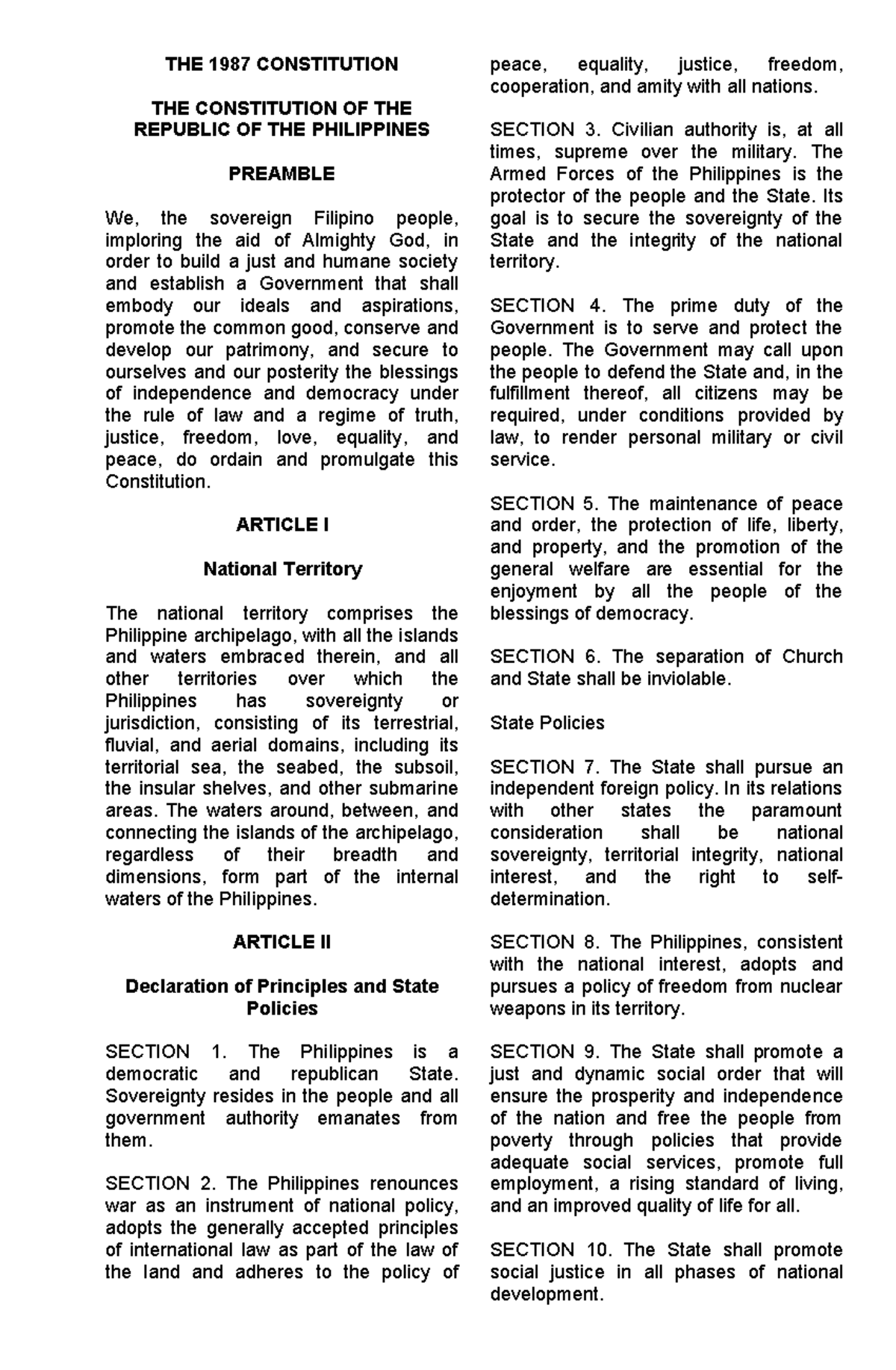 1987 Philippine Constitution Overview and Key Articles - Studocu