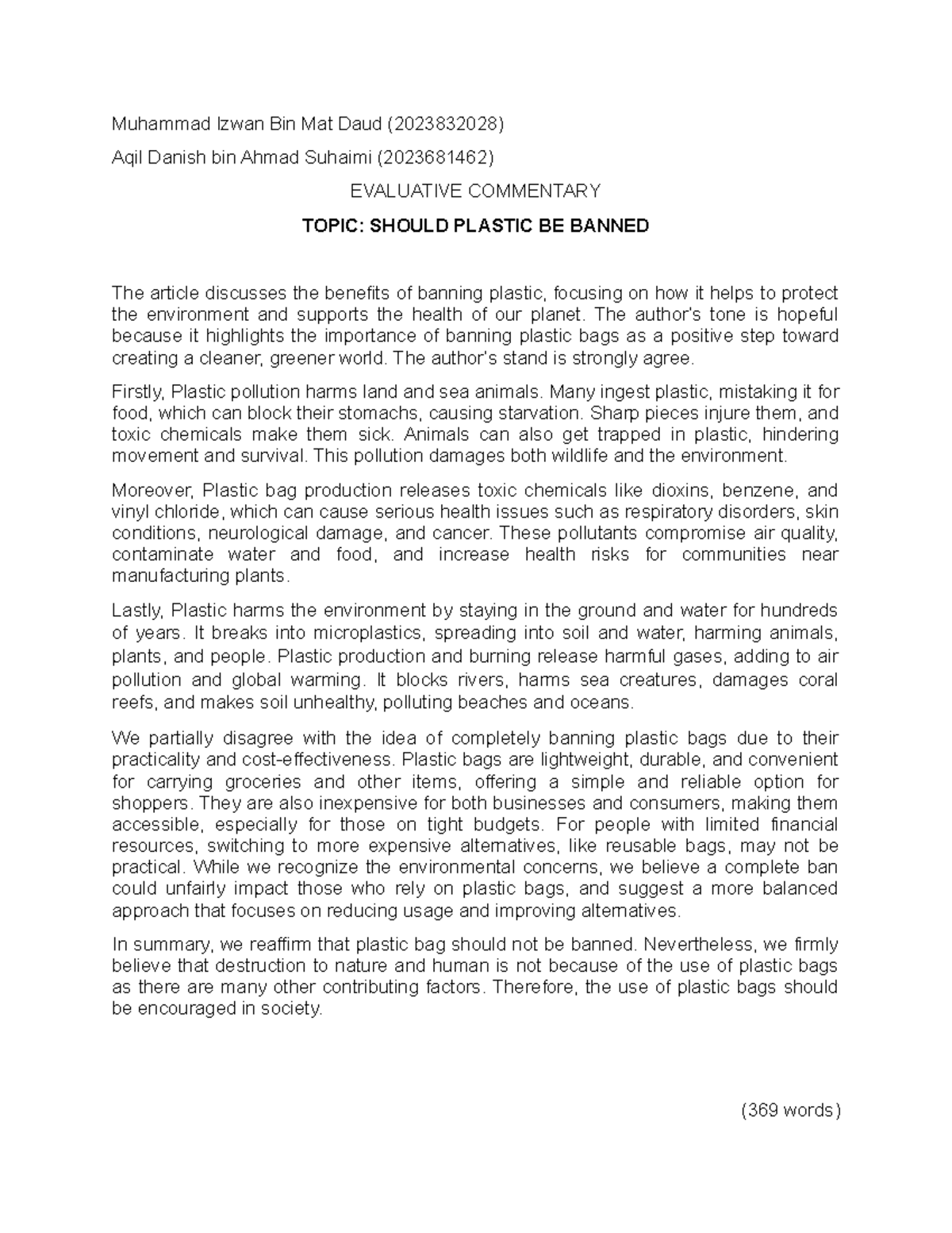 ELC231 Argumentative Essay: Should Plastic Be Banned? - Studocu