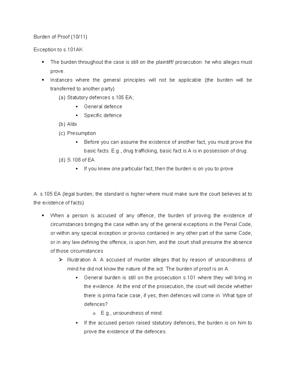 Evidence Law Notes: Burden of Proof & Exceptions (Section 105) - Studocu