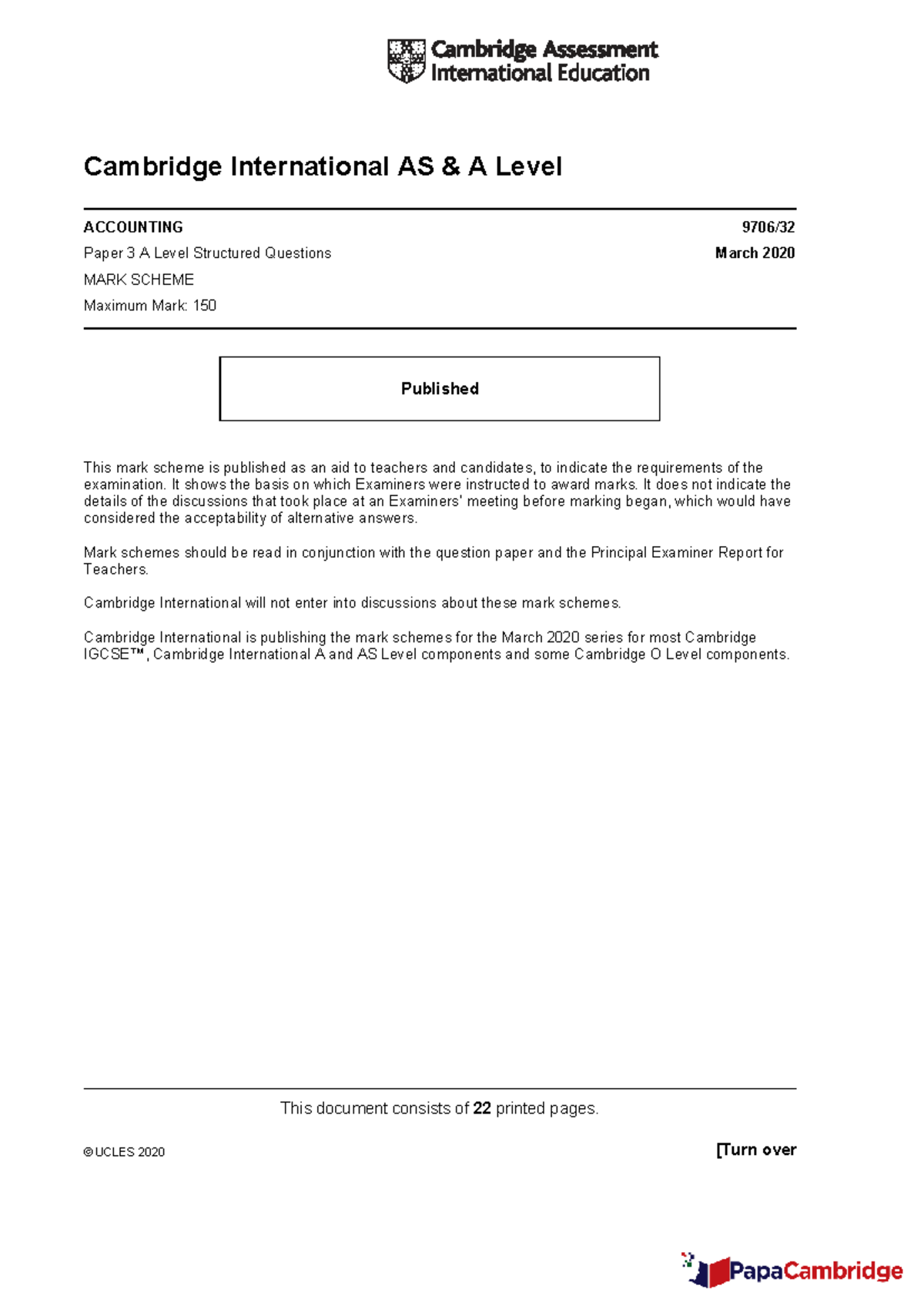 Cambridge International AS A Level Accounting 9706 M20 Mark Scheme ...