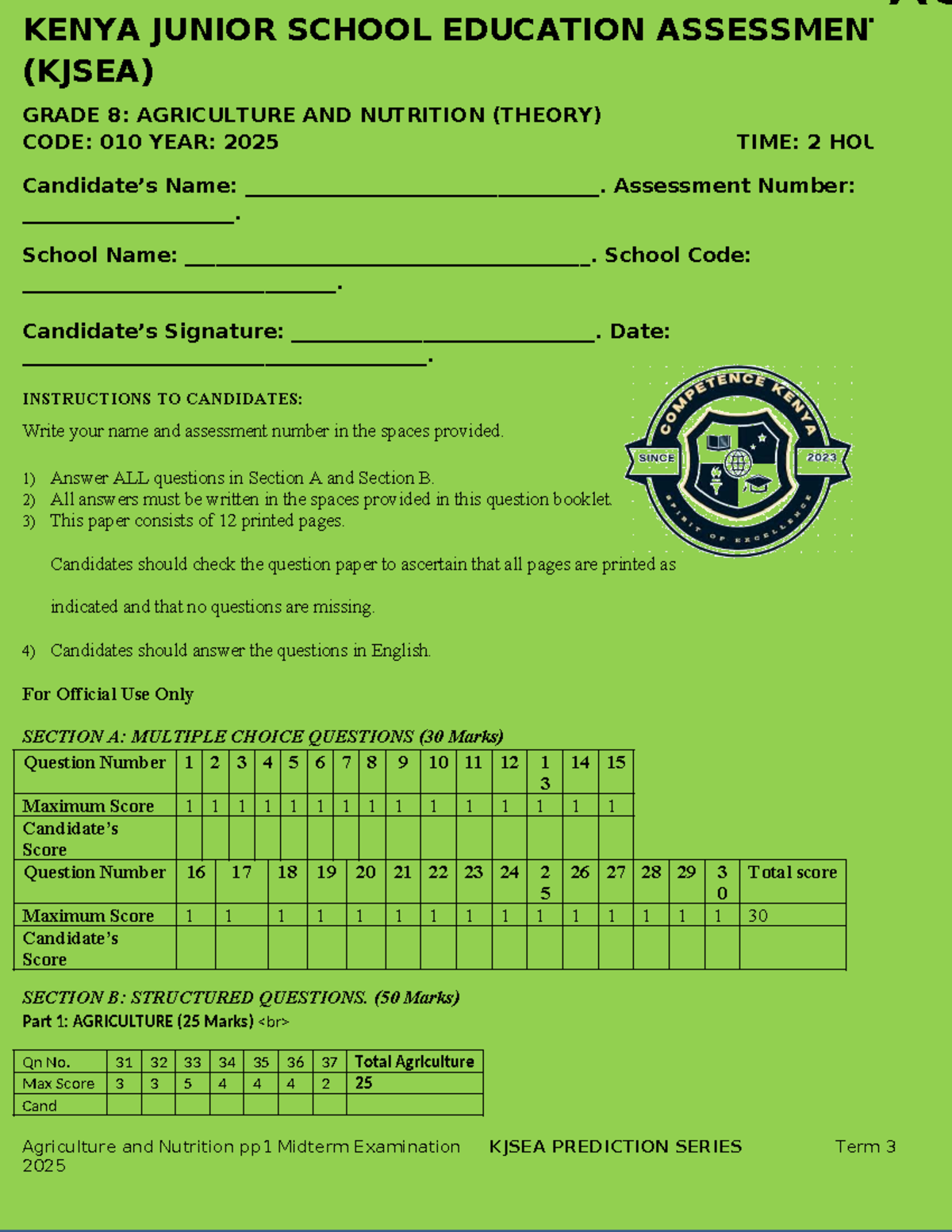 KJSEA Grade 8 Midterm Exam 2025: Agriculture & Nutrition Theory - Studocu