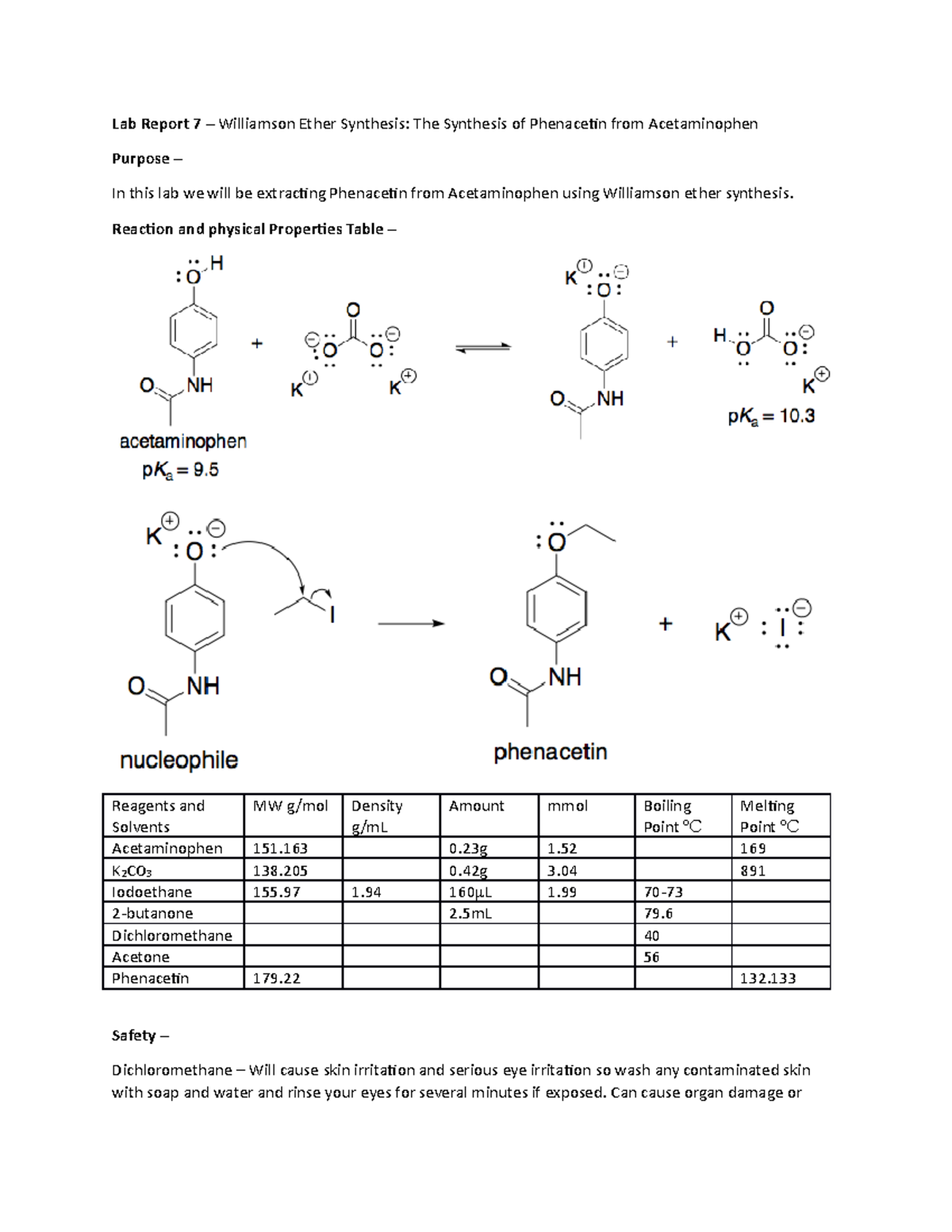 Lab Report 7 - Synthesis of Phenacetin via Williamson Ether Method - Studocu