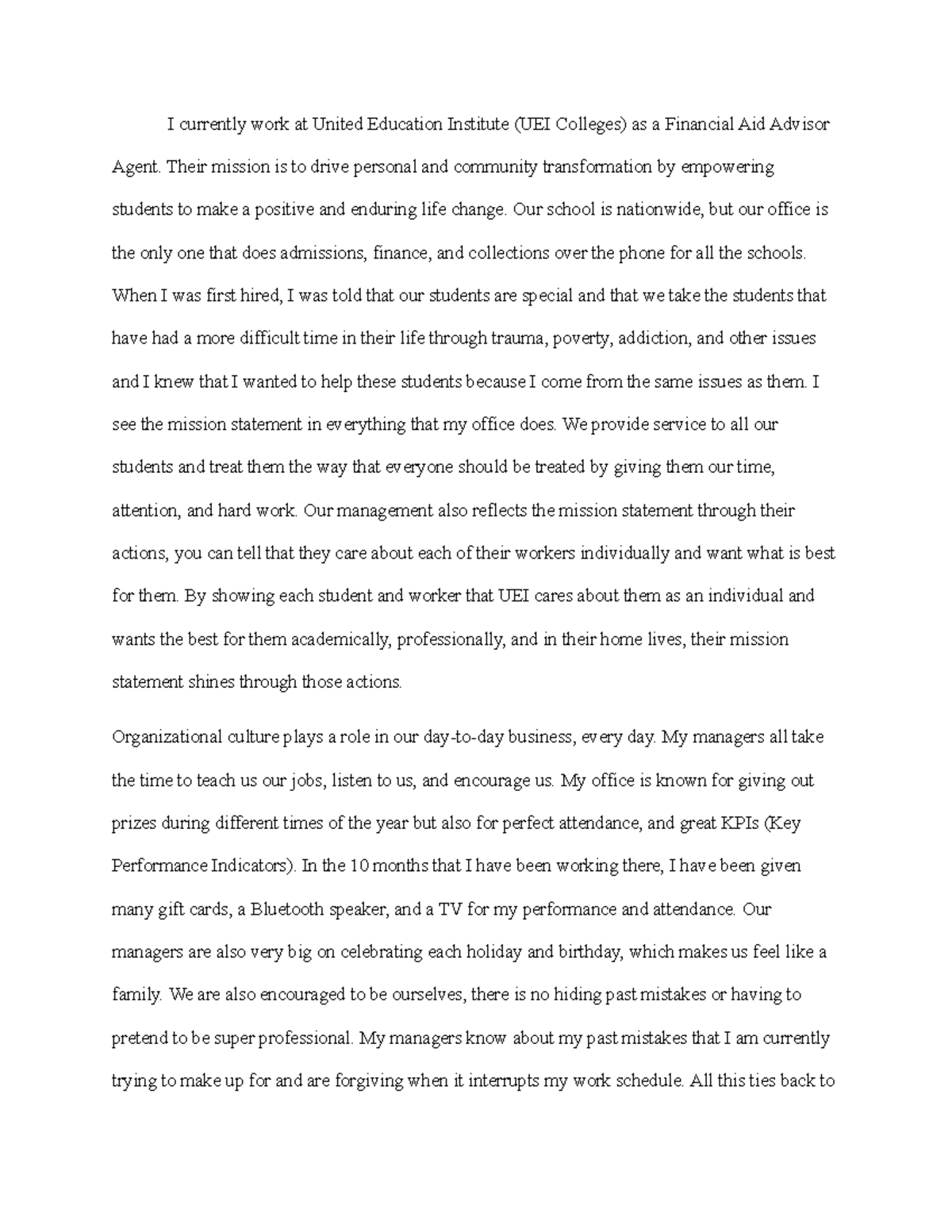 Bus 210 - Module 4 - Journal on organizational culture and support at ...