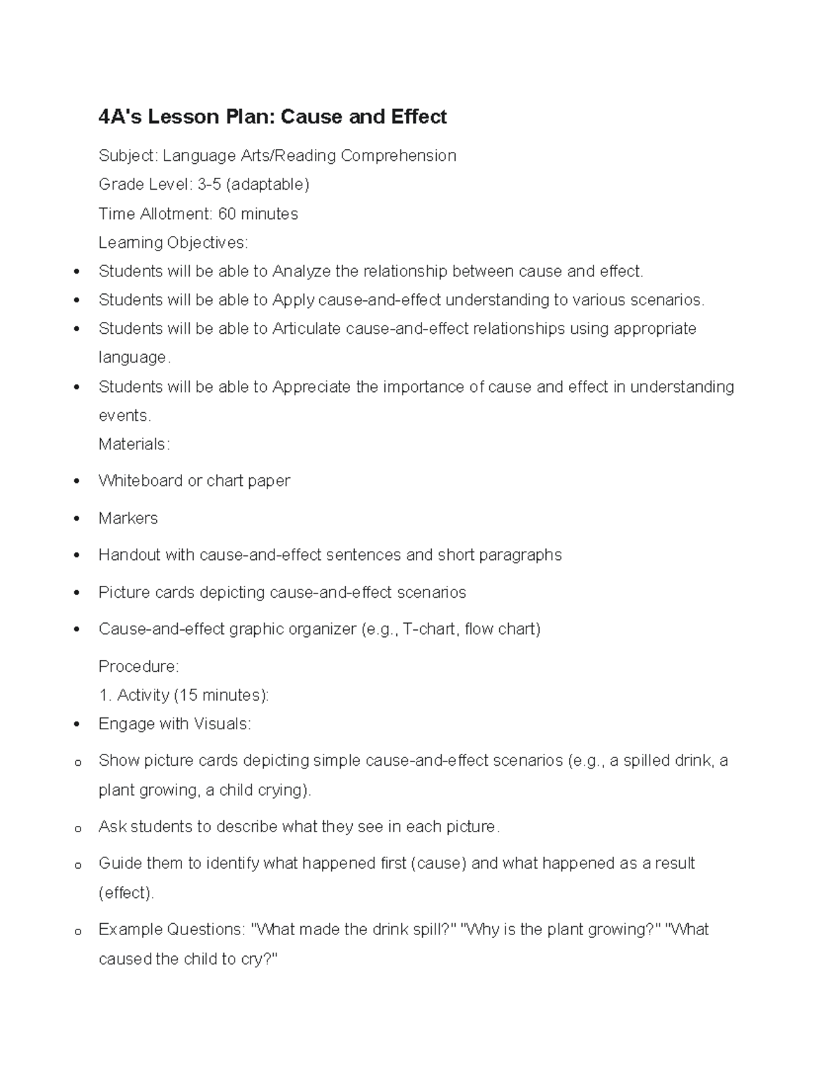 4A - english - 4A's Lesson Plan: Cause and Effect Subject: Language ...