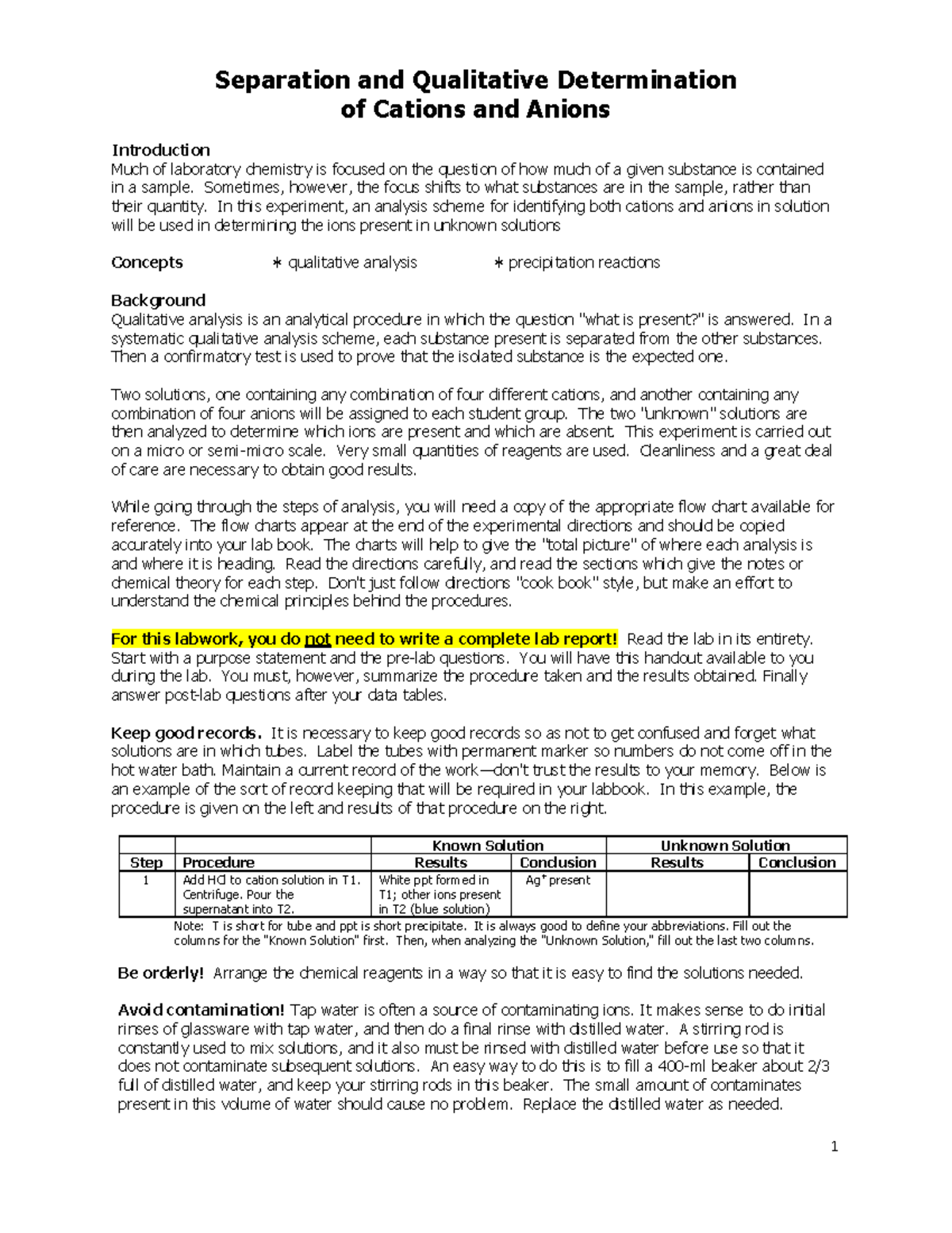 Cations and anions lab - Separation and Qualitative Determination of ...