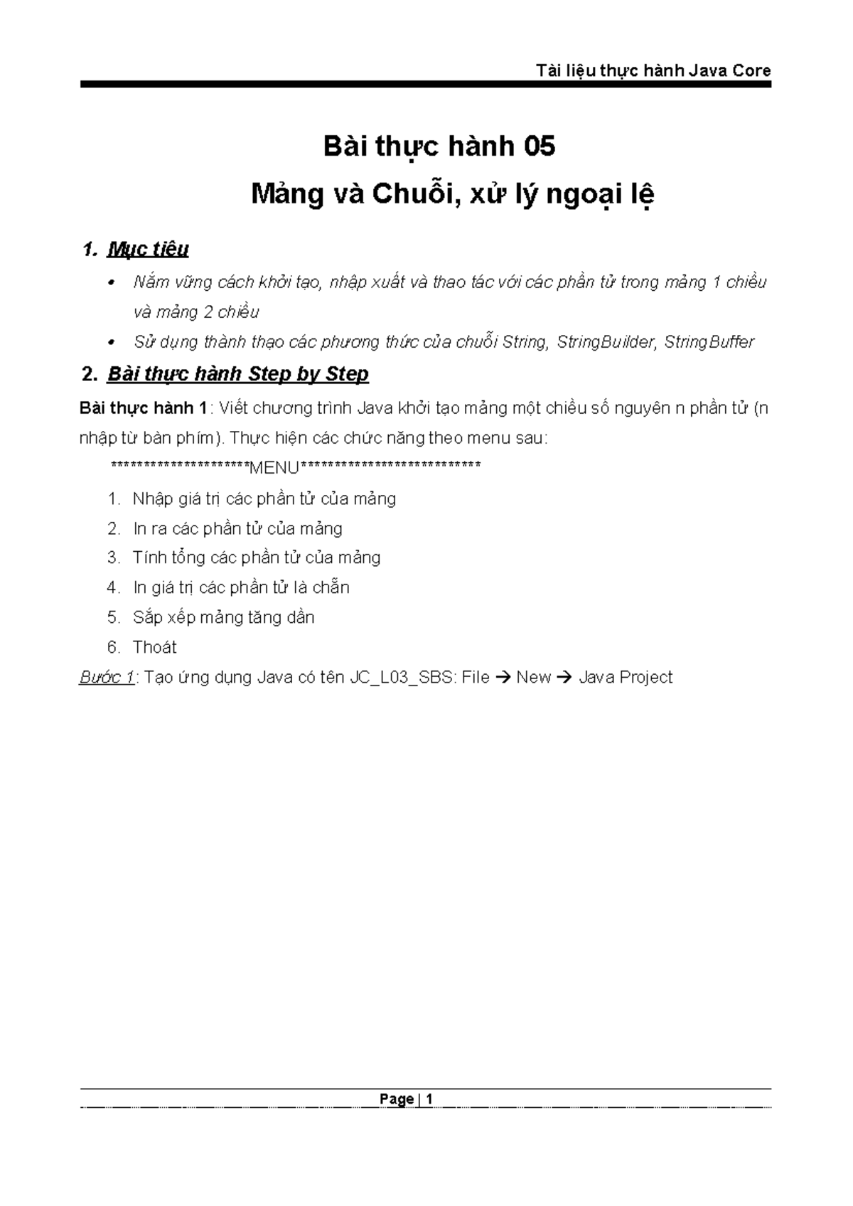 Java Core Lab05: Thực Hành Mảng, Chuỗi và Xử Lý Ngoại Lệ - Studocu