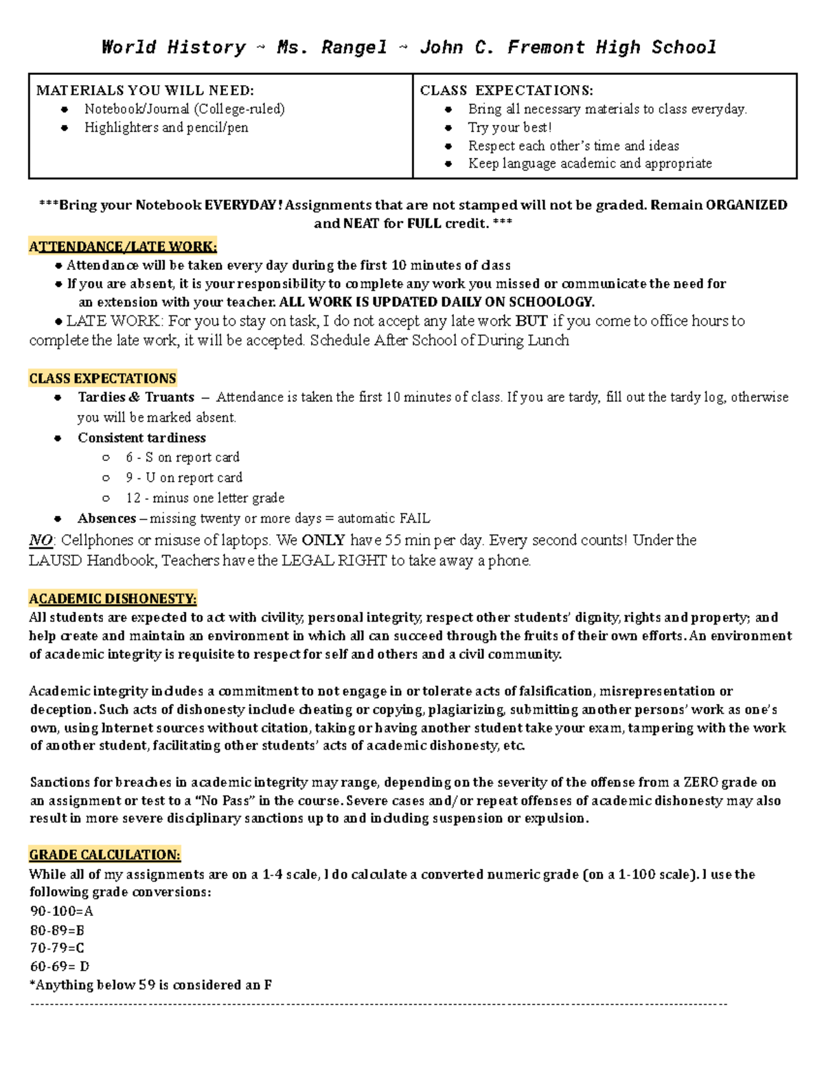 World History A Syllabus - Class Expectations & Guidelines - Studocu