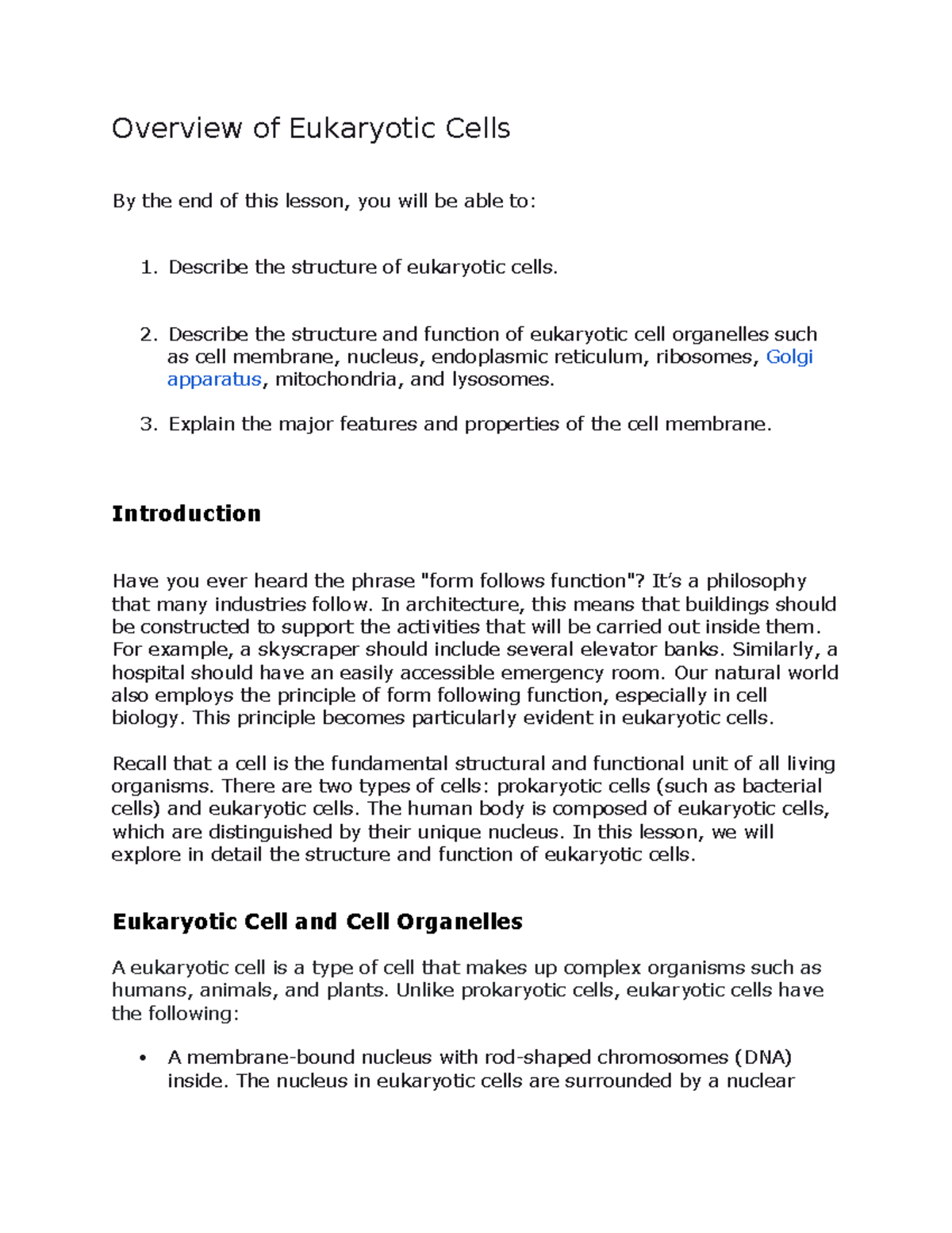 CH3 Eukaryotic Cells: Structure, Organelles, and Functions Overview ...
