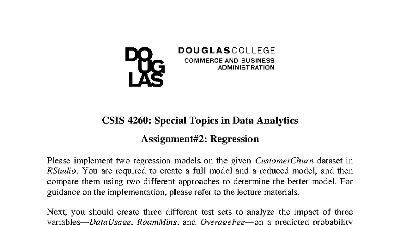 CSIS 4260: Assignment #2 - Regression Models on Customer Churn Data ...