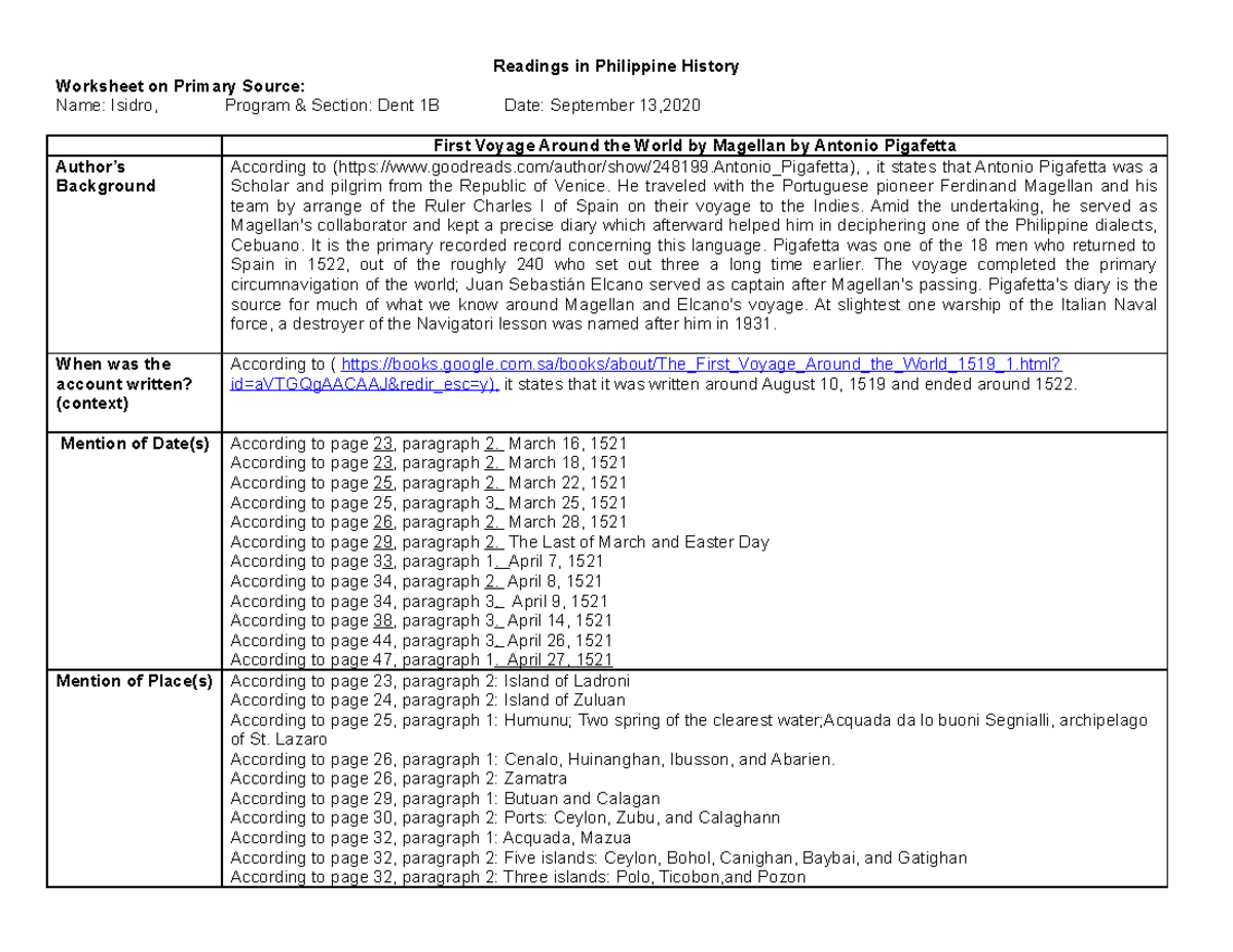 Worksheet on Magellan's Voyage: Insights from Pigafetta's Diary - Studocu