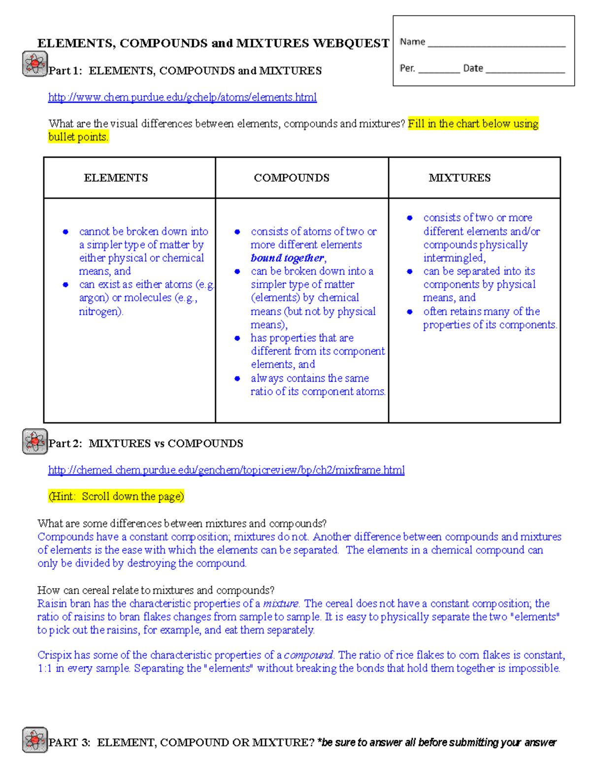 Elements, Compounds and Mixtures Webquest - ELEMENTS, COMPOUNDS and ...