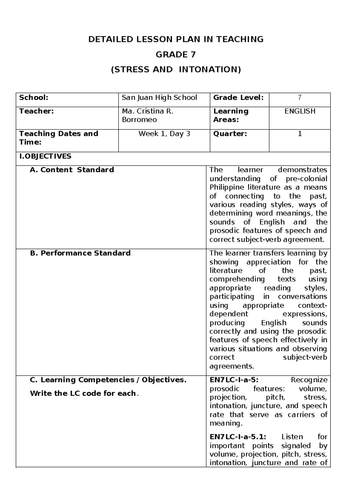 Detailed Lesson Plan on Stress and Intonation for Grade 7 (DLP) - Studocu