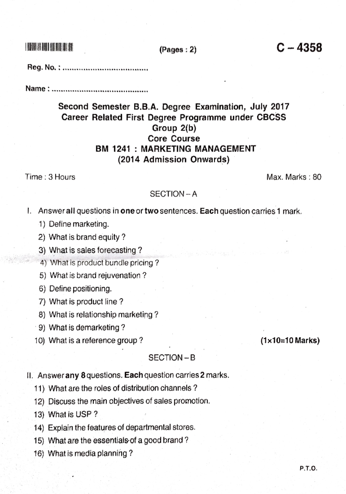 Marketing Management Previous Question Paper BM 1241 C- 4358 - (Pages ...