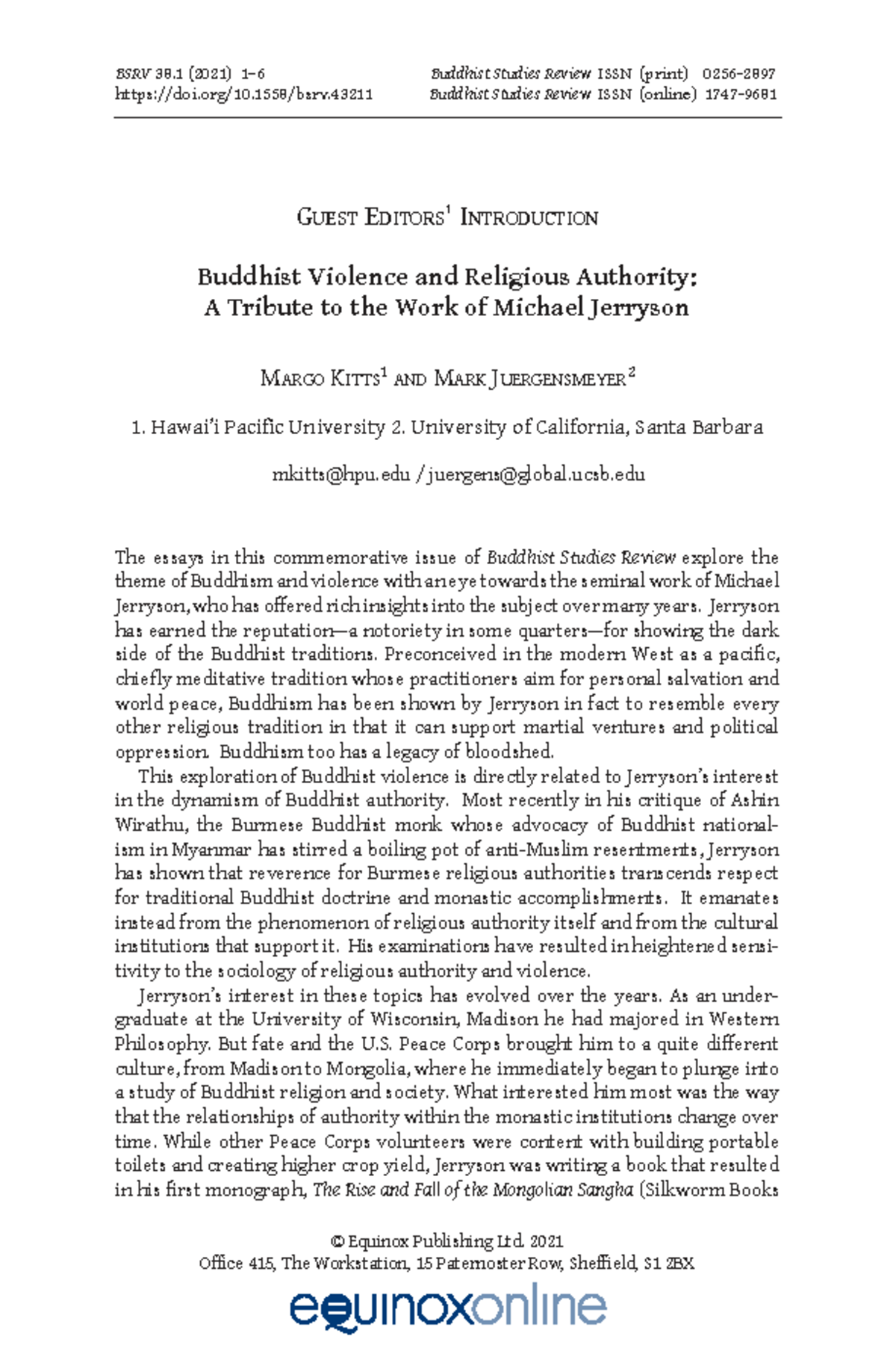 BSRV 38.1 (2021) Essays on Buddhist Violence & Authority: Tribute to ...